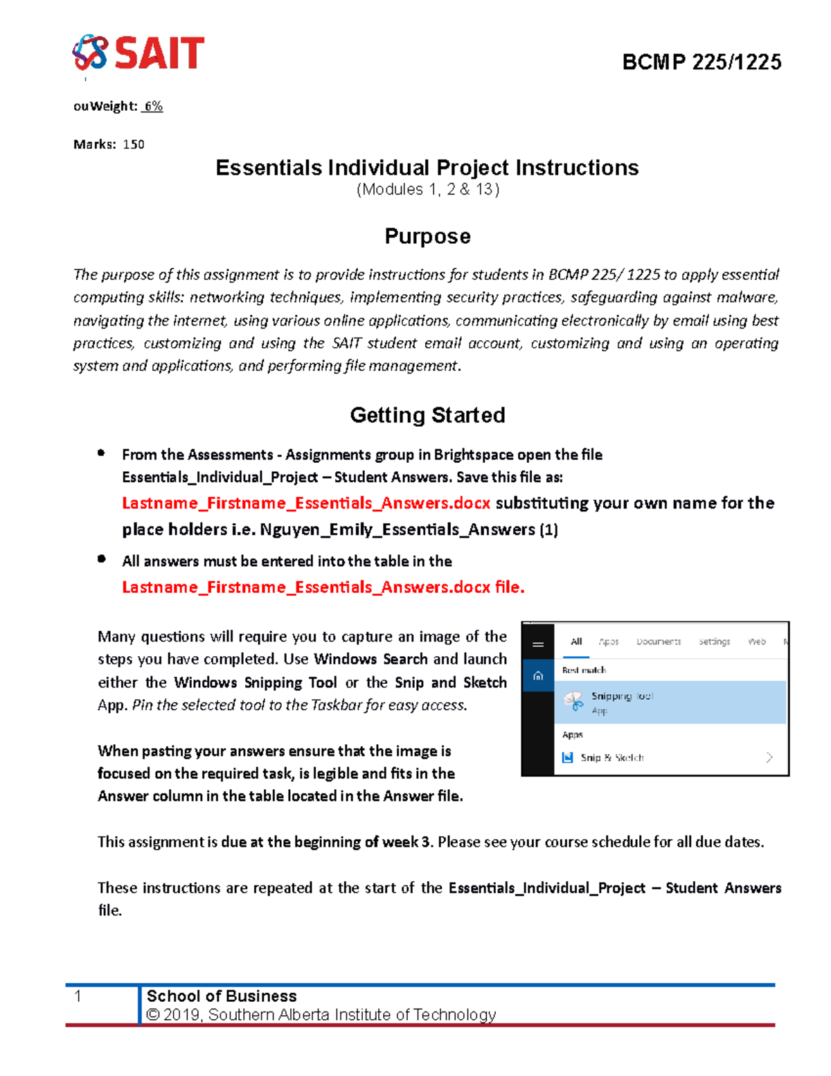 Essentials Individual Project - Instructions F19 - ouWeight: 6% Marks ...