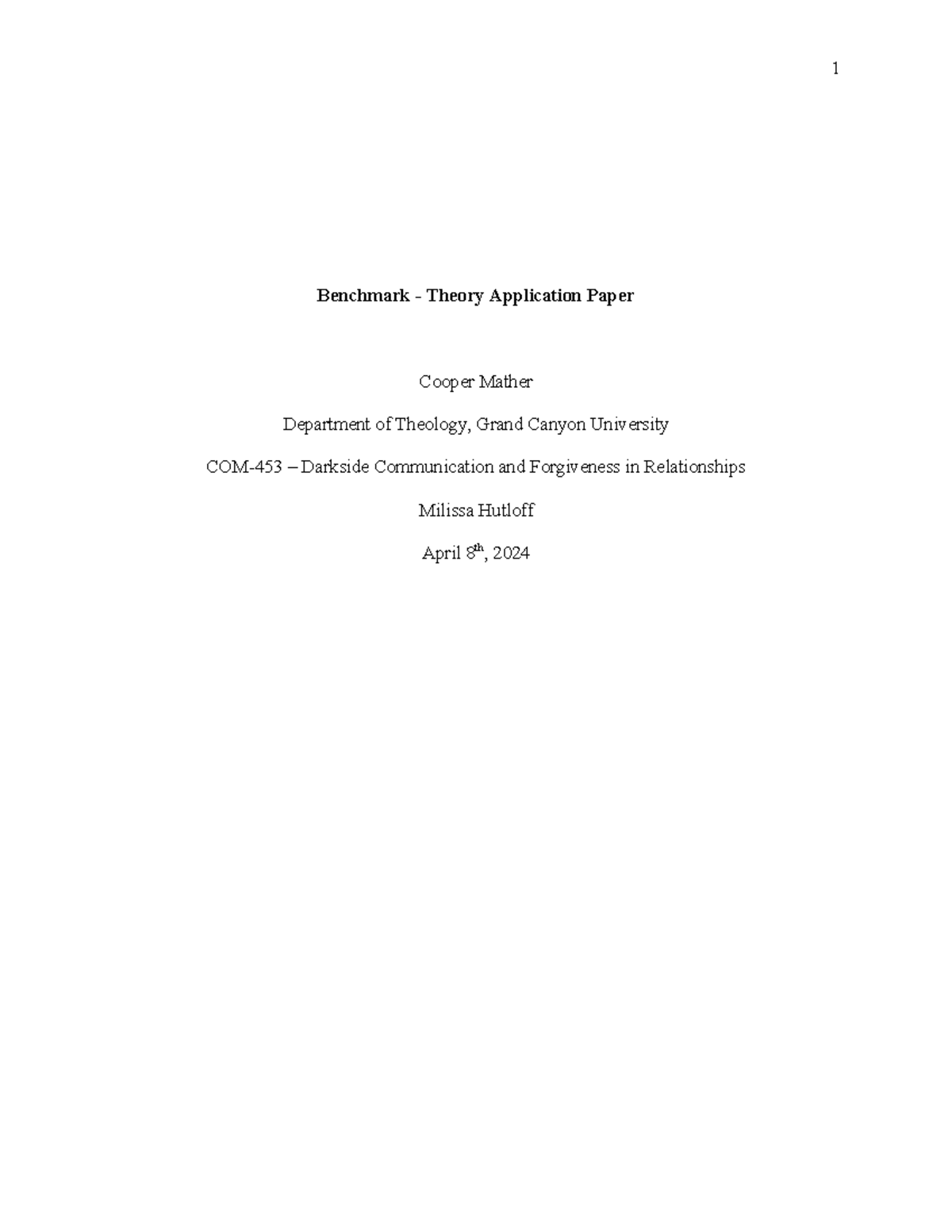 COM-453 - Benchmark - Theory Application Paper - Benchmark - Theory Application Paper Cooper ...