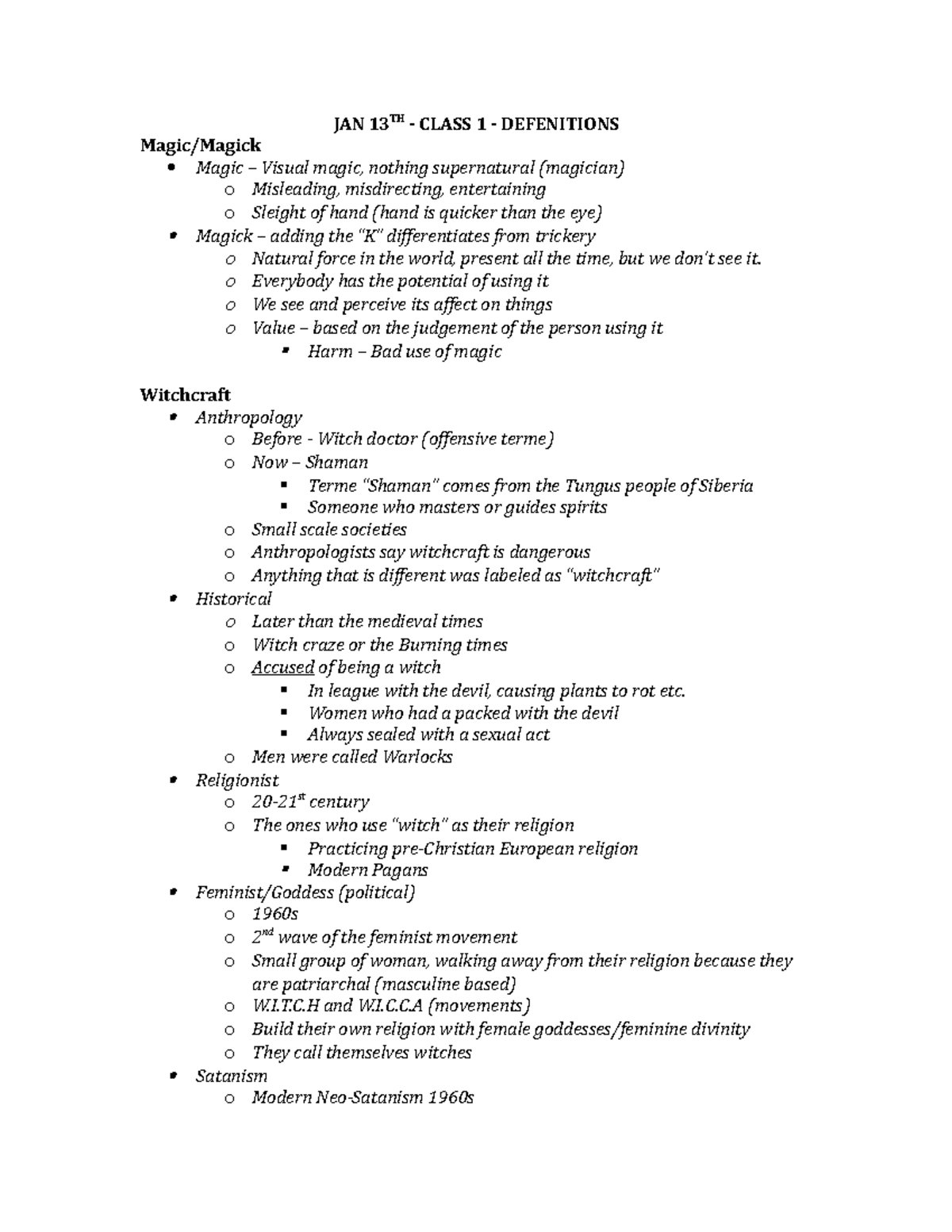 SRS1110 Notes - JAN 13TH - CLASS 1 - DEFENITIONS Magic/Magick Magic ...