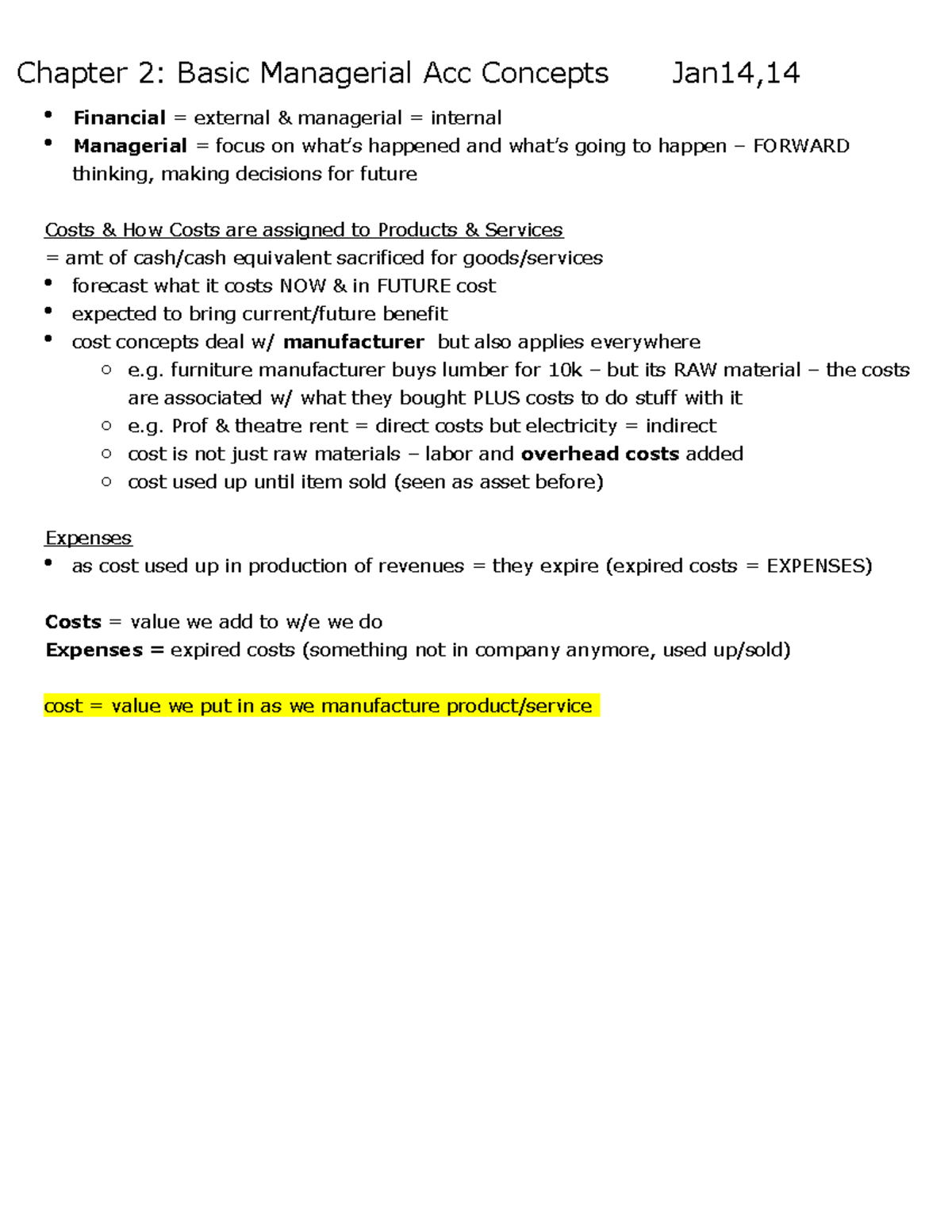 Lecture Notes Lectures 2345 Midterm Notes Chapter 2 Basic Managerial Acc Concepts Jan14