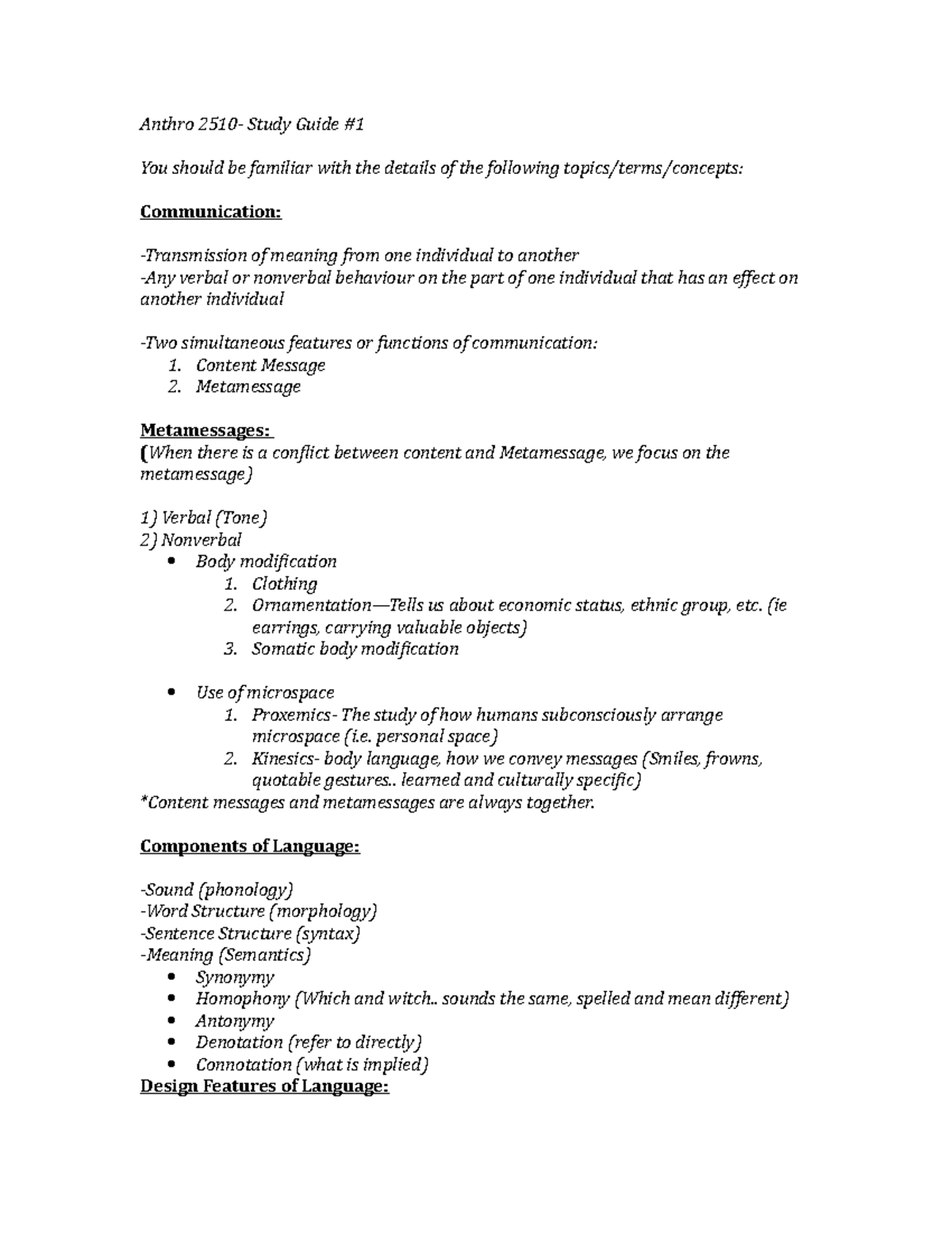 Anthro 2510 Study 1 - Anthro Study Guide You should be familiar with ...