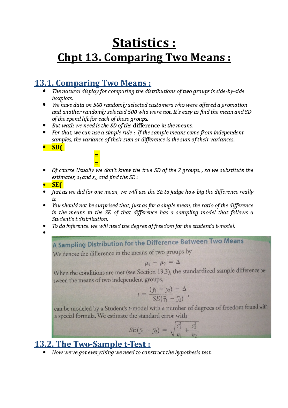 Statistics Chpt 13 - Statistics : Chpt 13. Comparing Two Means : 13 ...