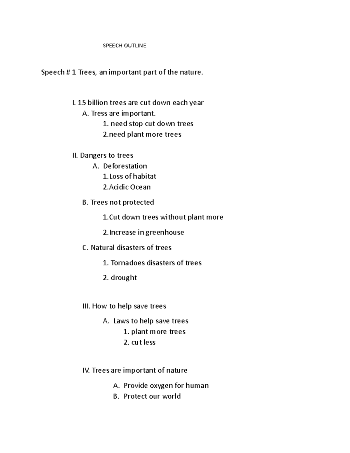 Speech Outline - It was for project . - SPEECH OUTLINE Speech # 1 Trees ...
