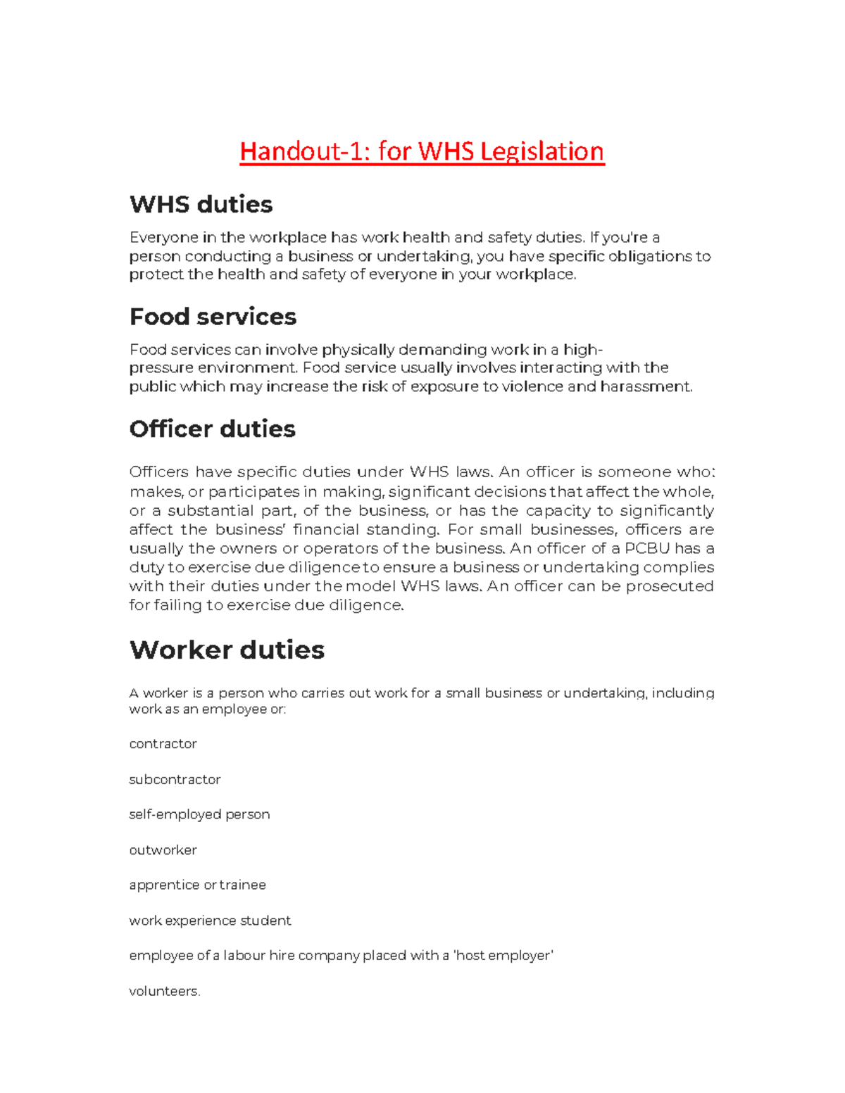 Handouts for WHS Legislation, identify hazard, consultation - Handout-1 ...