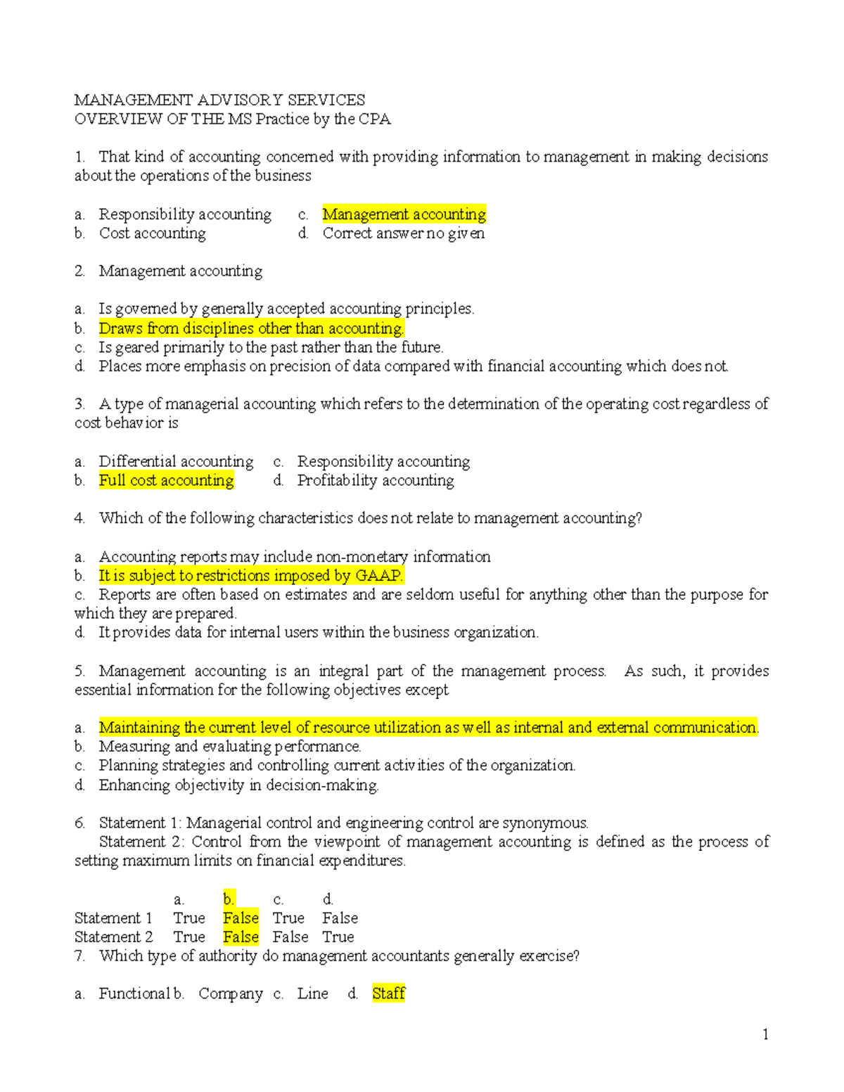 MS basic concepts Practice Questionnaire with answers - MANAGEMENT ADVISORY SERVICES OVERVIEW OF ...