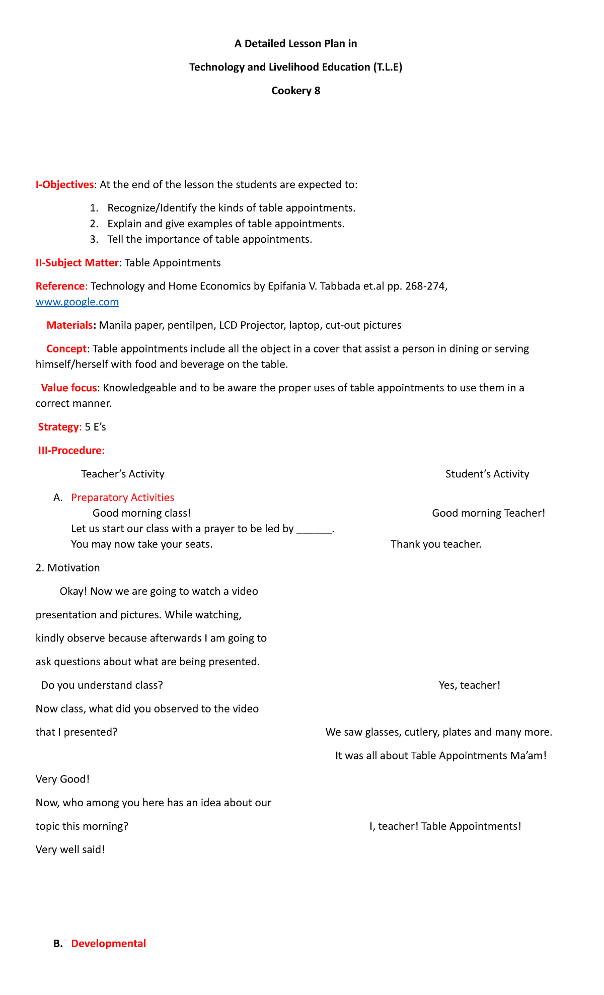 Detailed Lesson Plan Table Appointment - A Detailed Lesson Plan in ...