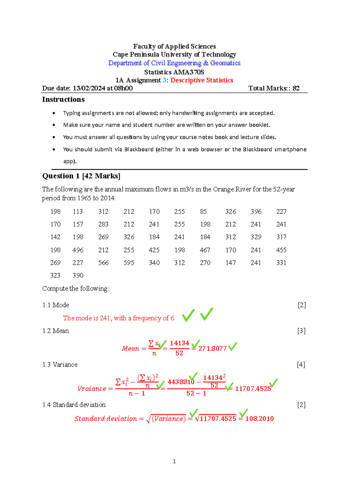 1A Assignment 3 Descriptive Statistics Memo - Faculty of Applied ...
