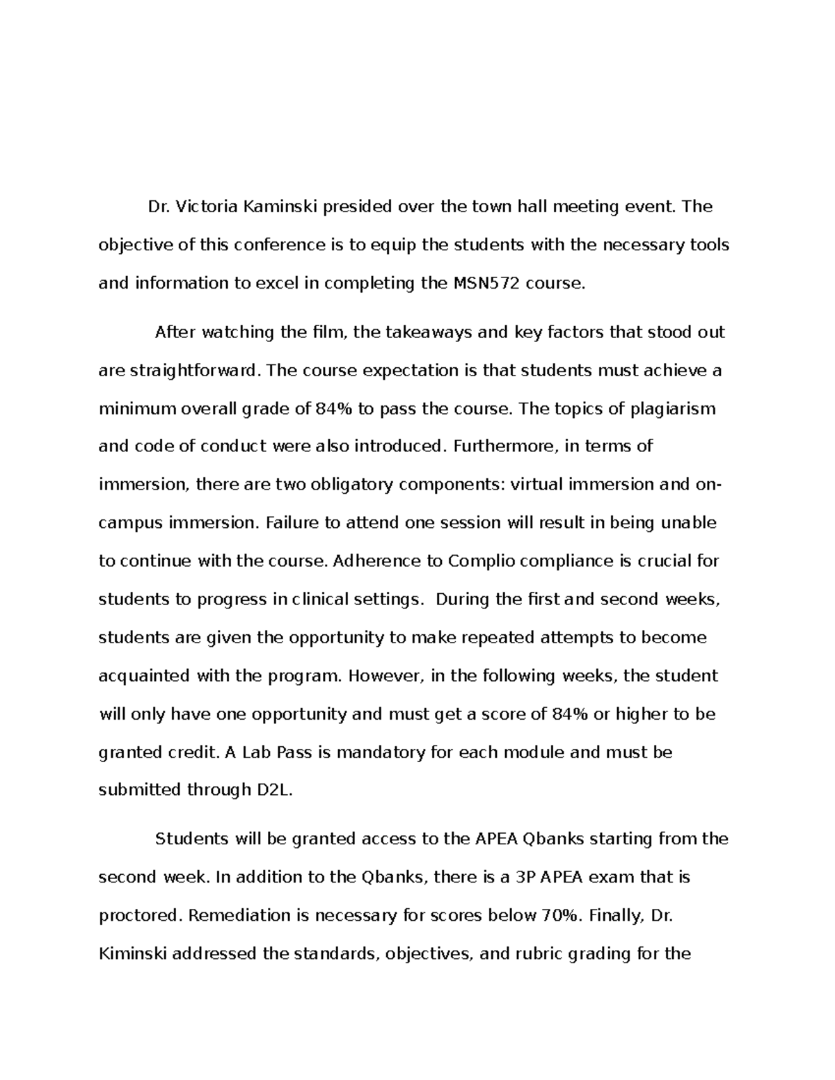 MSN 571 Week 1 Town Hall Over view - Dr. Victoria Kaminski presided ...