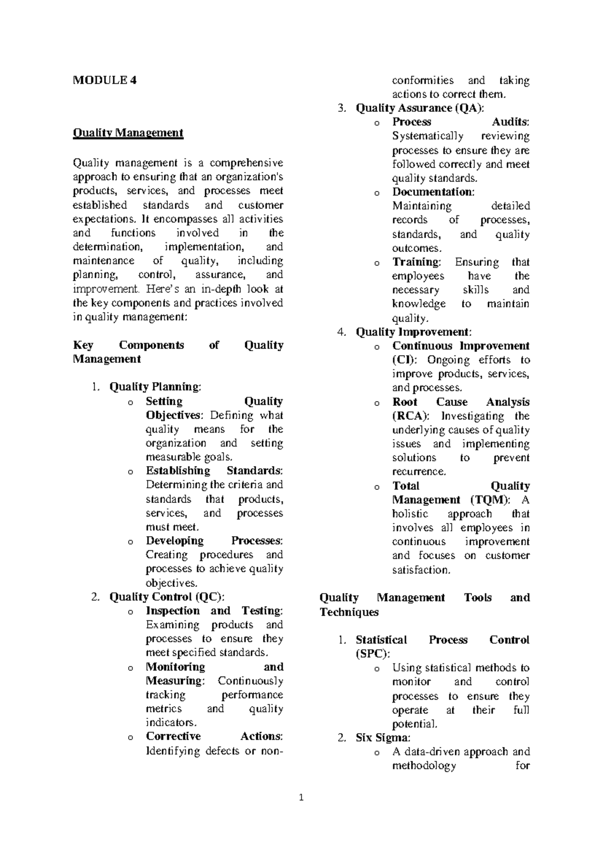 Module 4 OM - Notes - MODULE 4 Quality Management Quality management is ...