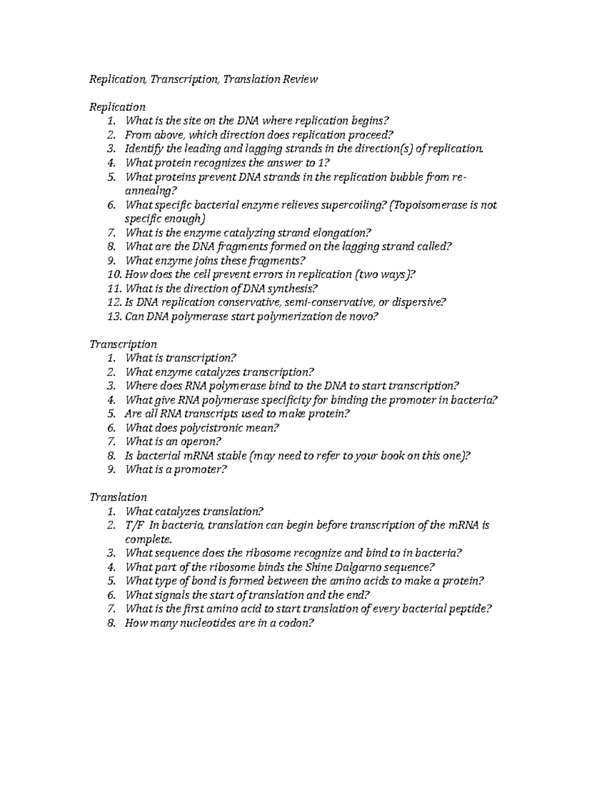 RTT Review - Replication, Transcription, Translation Review Replication ...