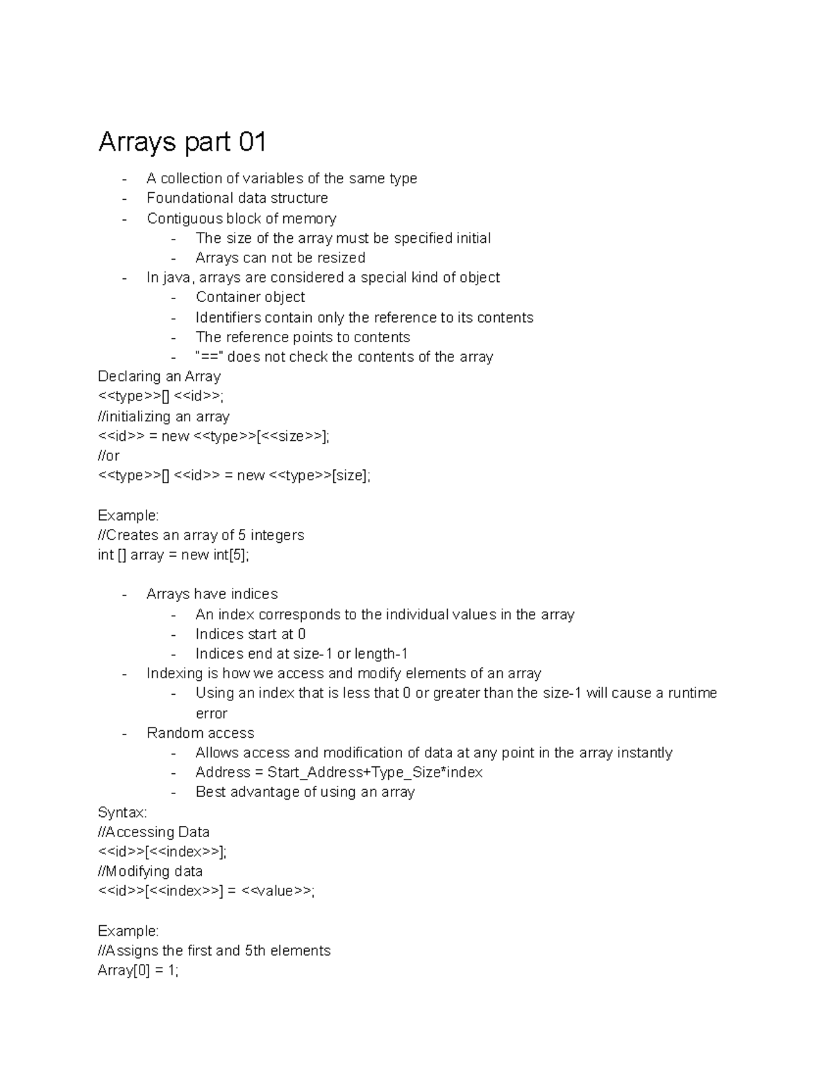 Csce145 Notes Arrays And Methods Arrays Part 01 A Collection Of