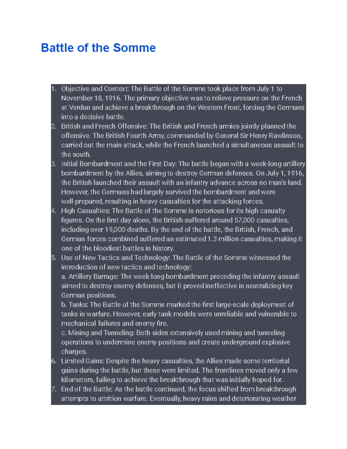 Battle of the Somme - notes - Battle of the Somme Objective and Context ...