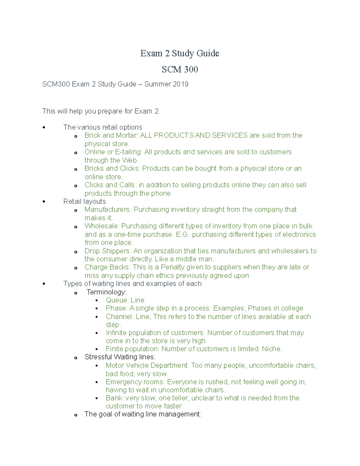 Exam 2 Study Guide (SCM 300) - Exam 2 Study Guide SCM 300 SCM300 Exam 2 Study Guide Summer 2019 ...