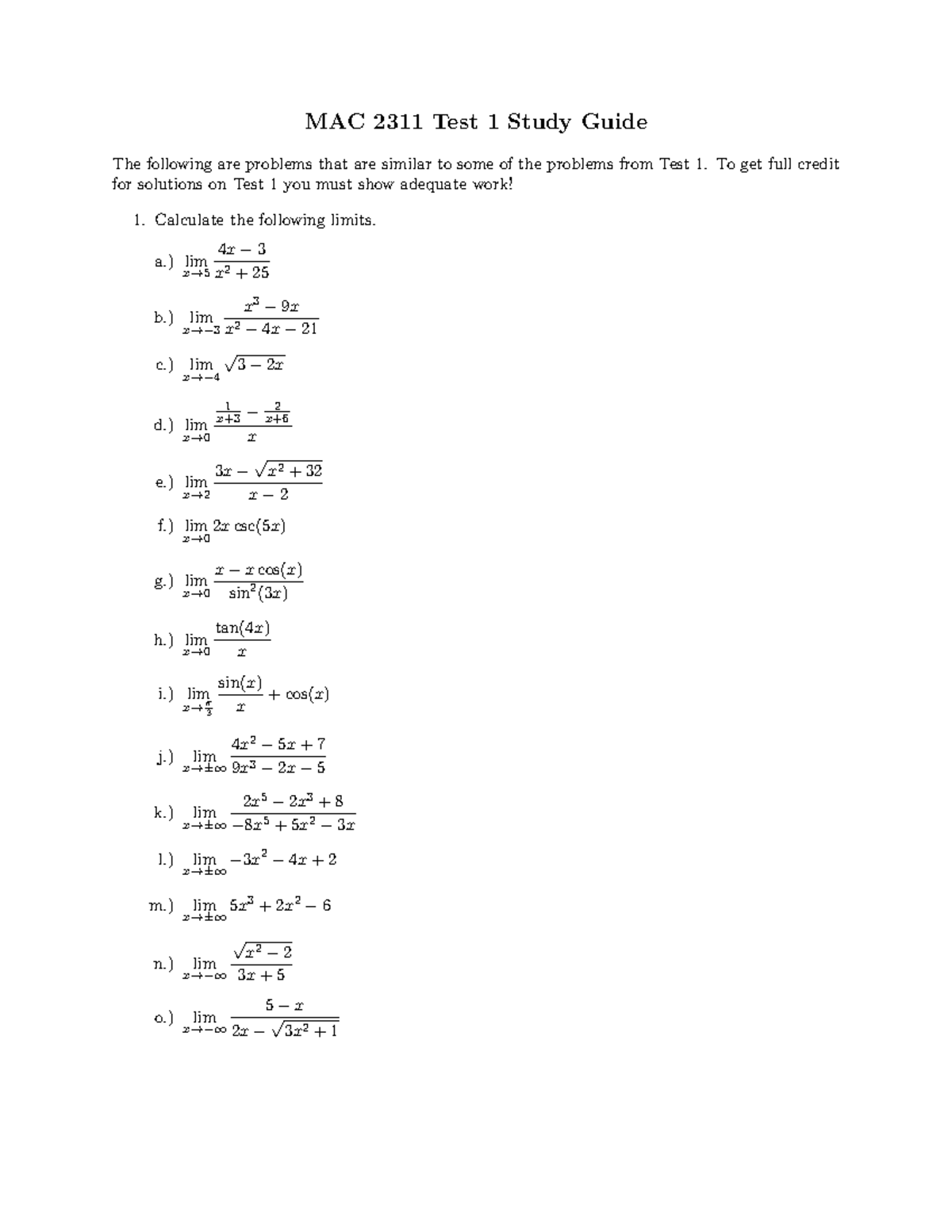 MAC2311 Test 1 Review -1 - MAC 2311 Test 1 Study Guide The following ...