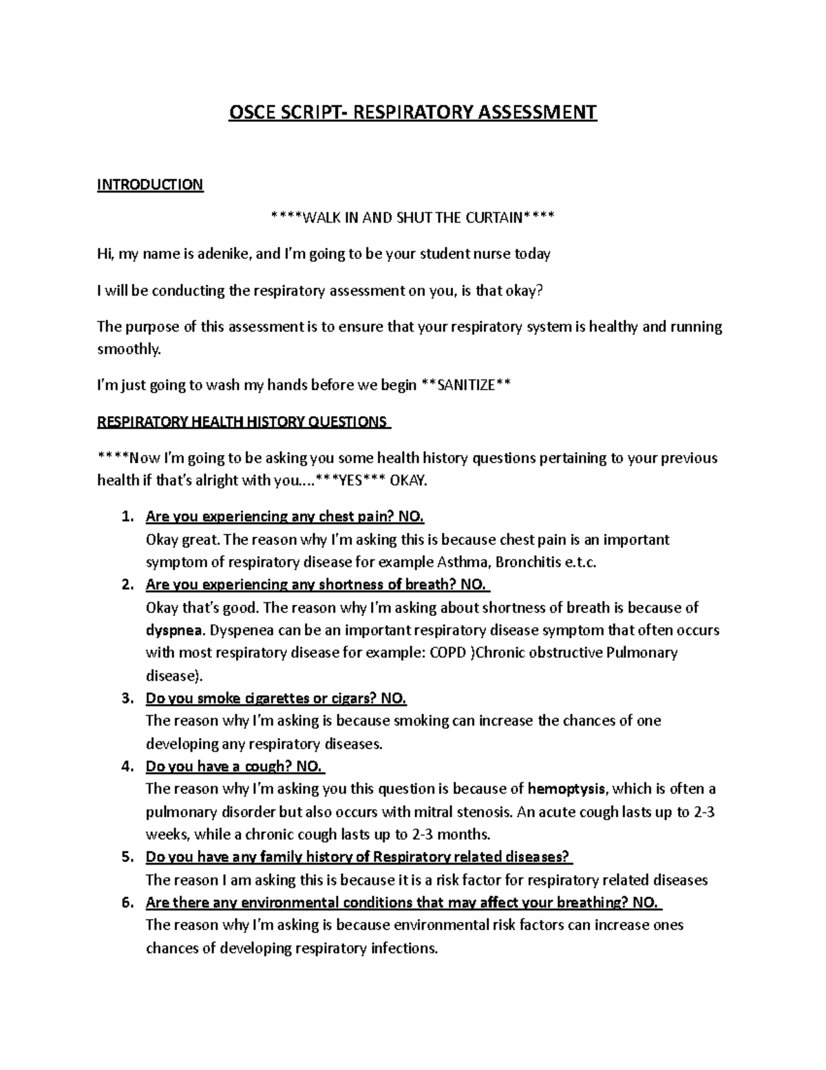 OSCE Script- Respiratory Assessment - OSCE SCRIPT- RESPIRATORY ...