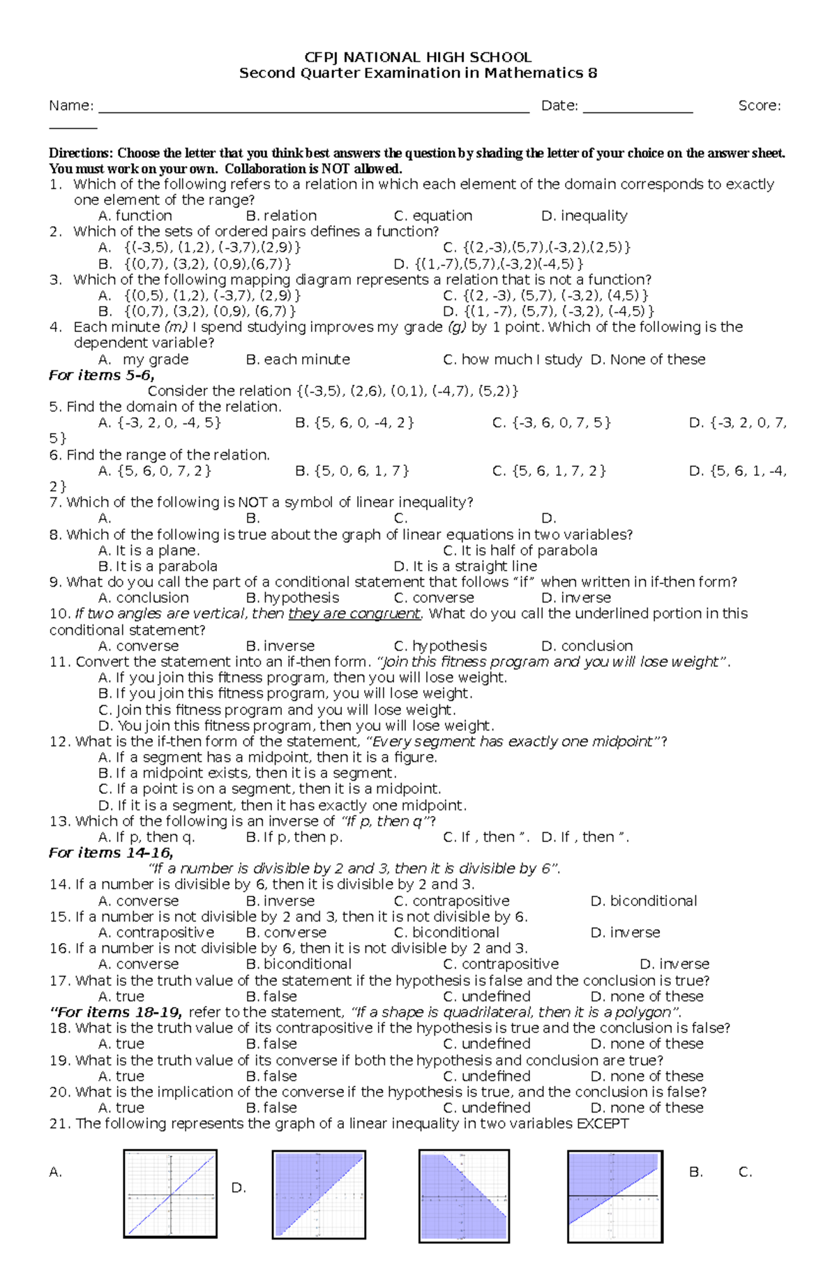 Math 8 E - Test Sample for Practice Teachers - CFPJ NATIONAL HIGH ...