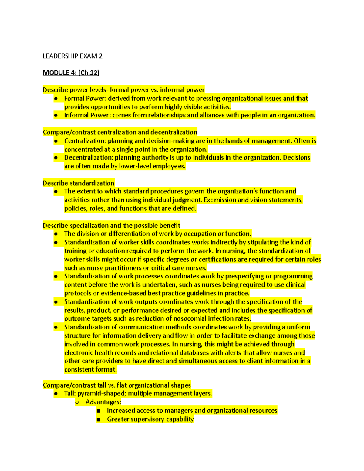 Leadership exam 2 study notes - LEADERSHIP EXAM 2 MODULE 4: (Ch ...