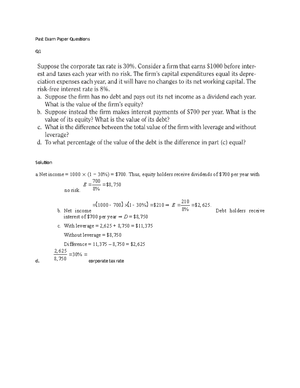 Past Exam Paper Questions - Past Exam Paper Questions Q Solution a ...