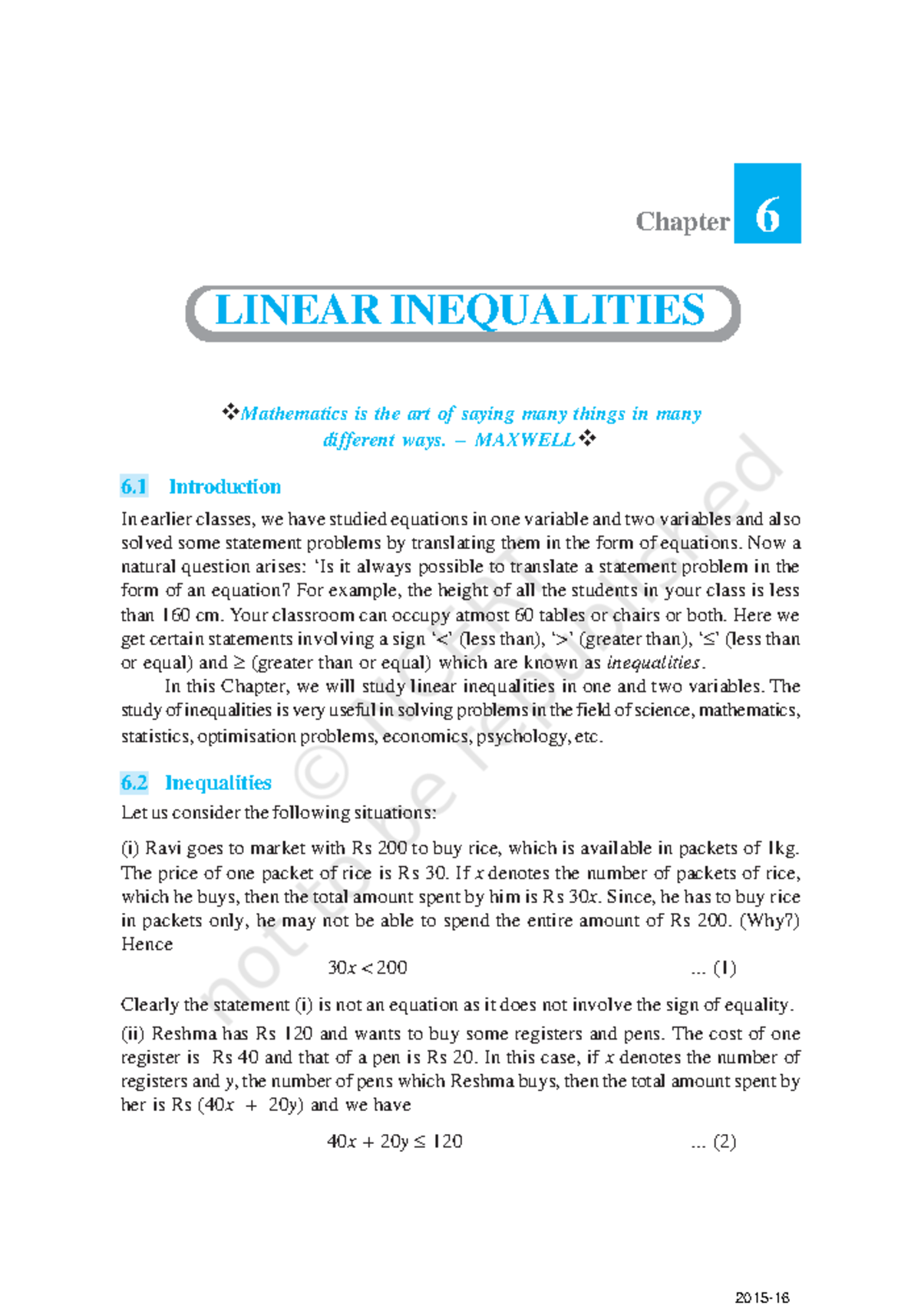 Maths 6 - Chapter 6 vMathematics is the art of saying many things in ...