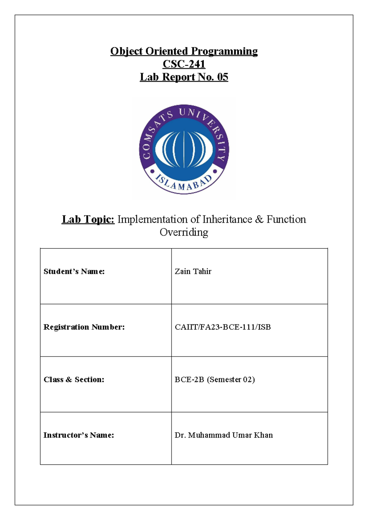 Lab Report No. 05 - ..... - Object Oriented Programming CSC- Lab Report ...