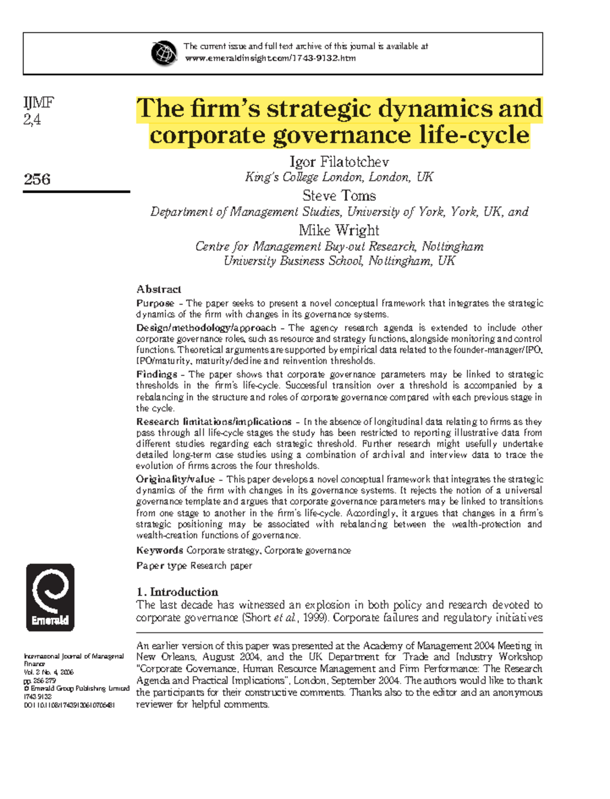 Llife Cycle Corp Gov Filatotchev Et Al IJMF2006 - The firm’s strategic ...