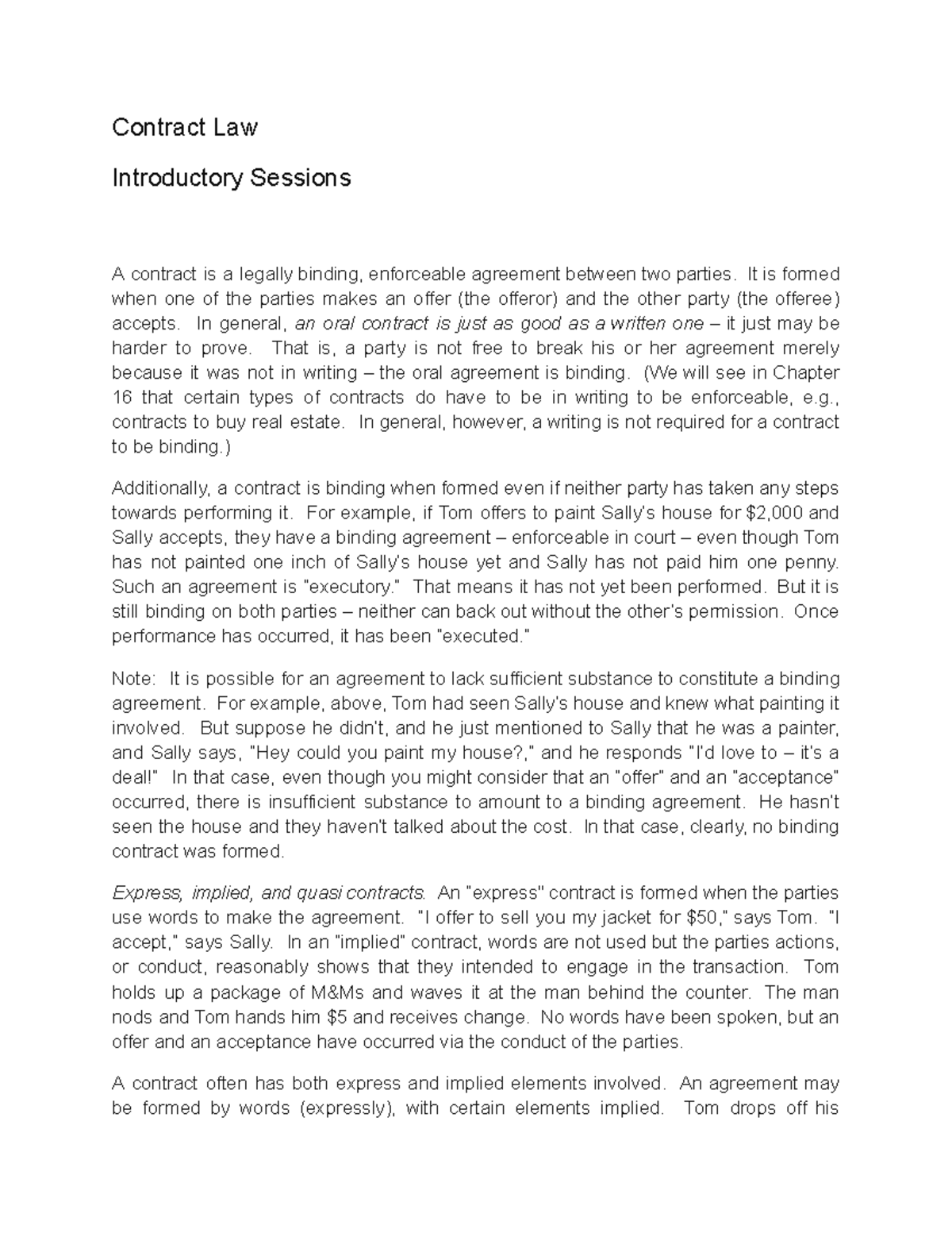 Business Law Notes Intro - Contract Law Introductory Sessions A ...