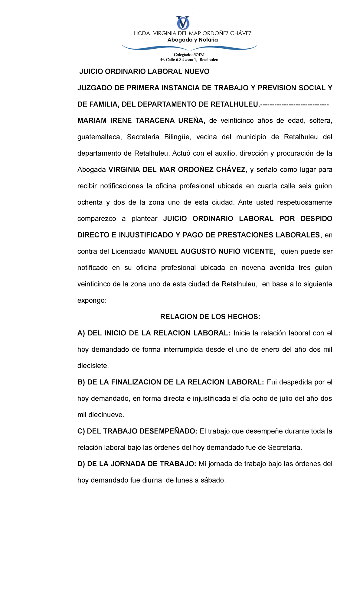 1. Juicio Ordinario Laboral DE Despido Directo E Injustificado Y PAGO ...