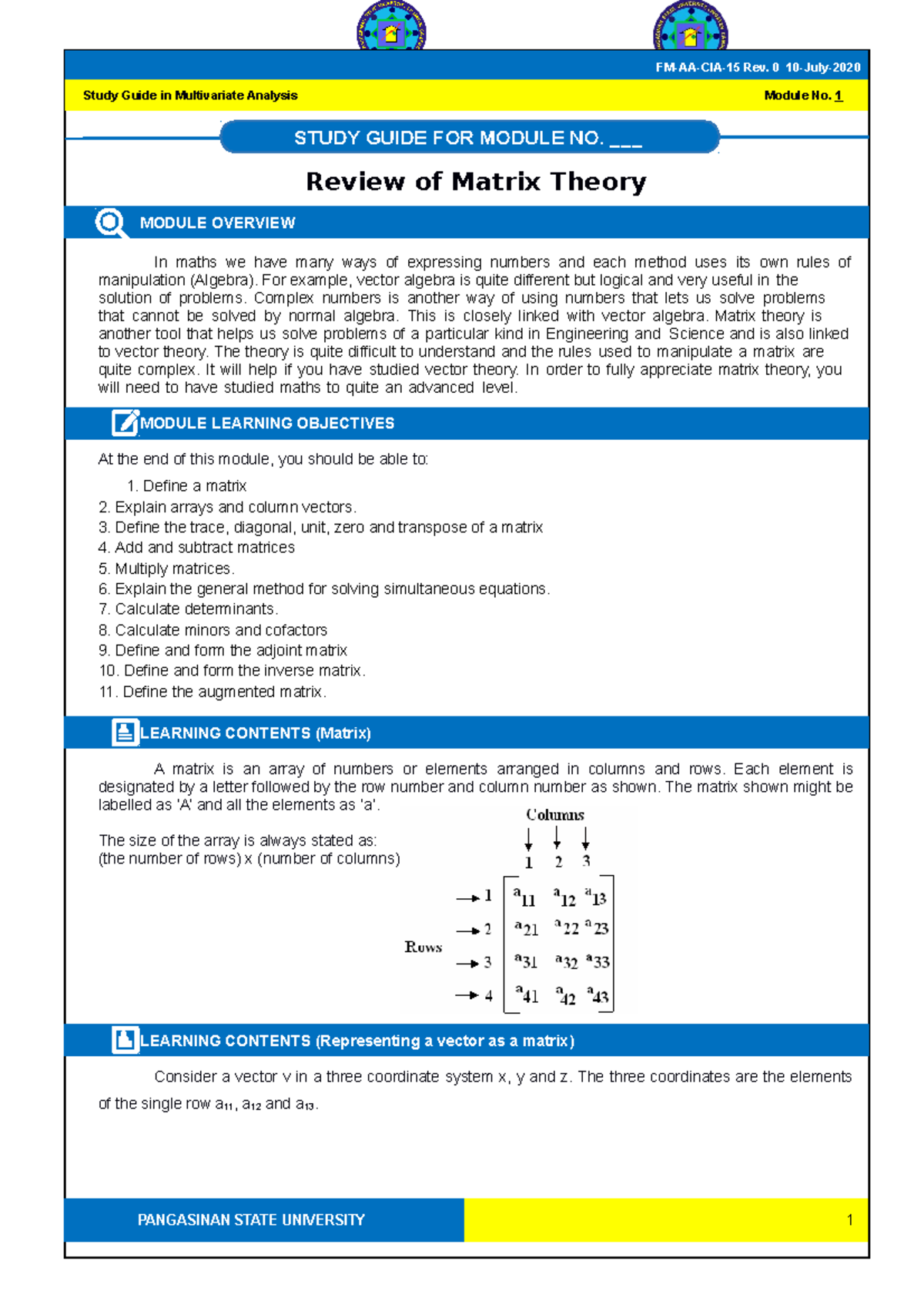 Study guide 1 - Blah - Review of Matrix Theory MODULE OVERVIEW In maths ...