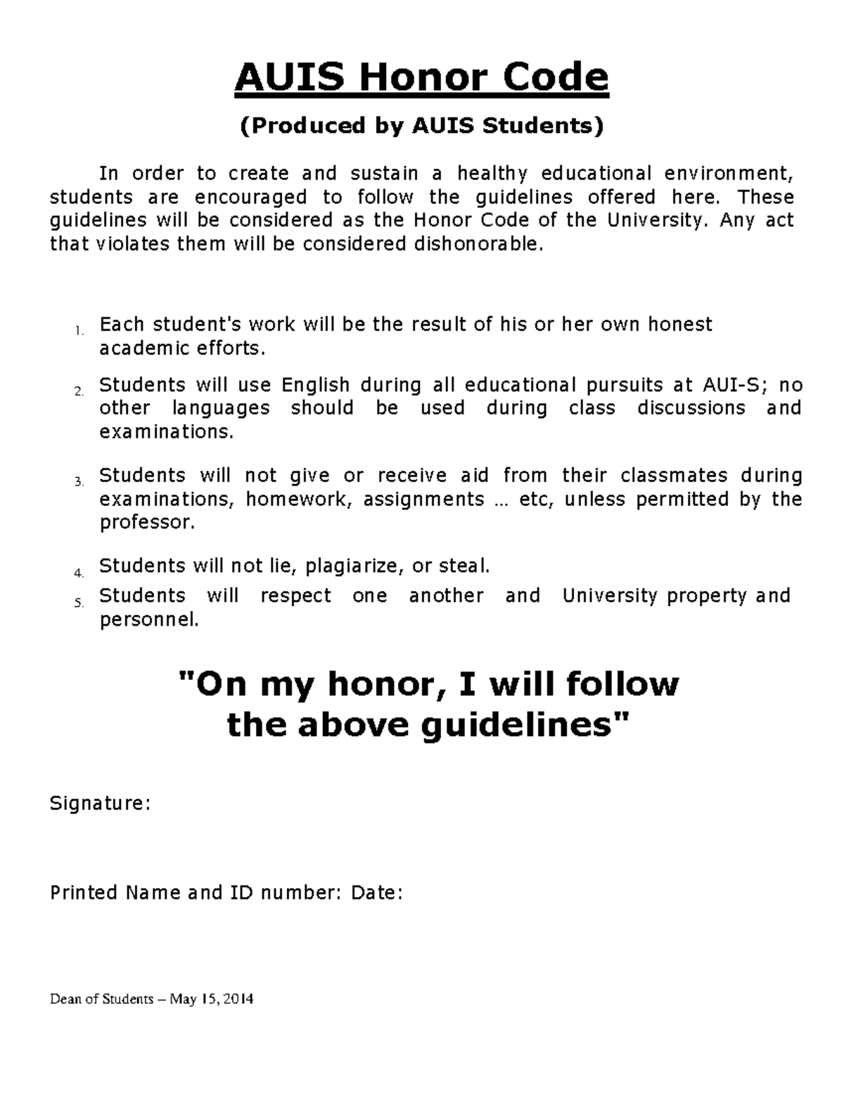 UG - Combined Honor Code and AEE Integrity Section - AUIS Honor Code ...