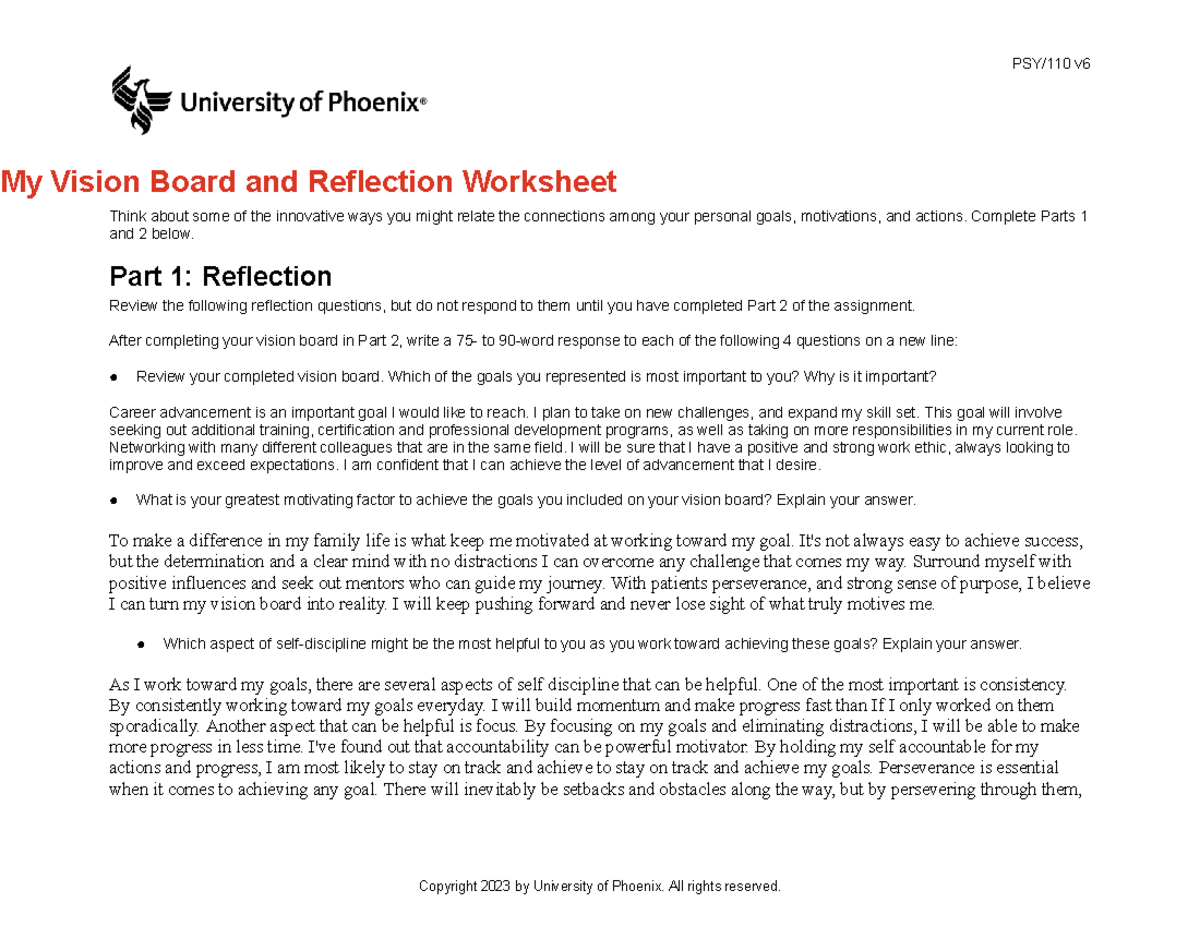 Psy110 v6 wk5 my vision board and reflection worksheet - PSY/110 v My ...