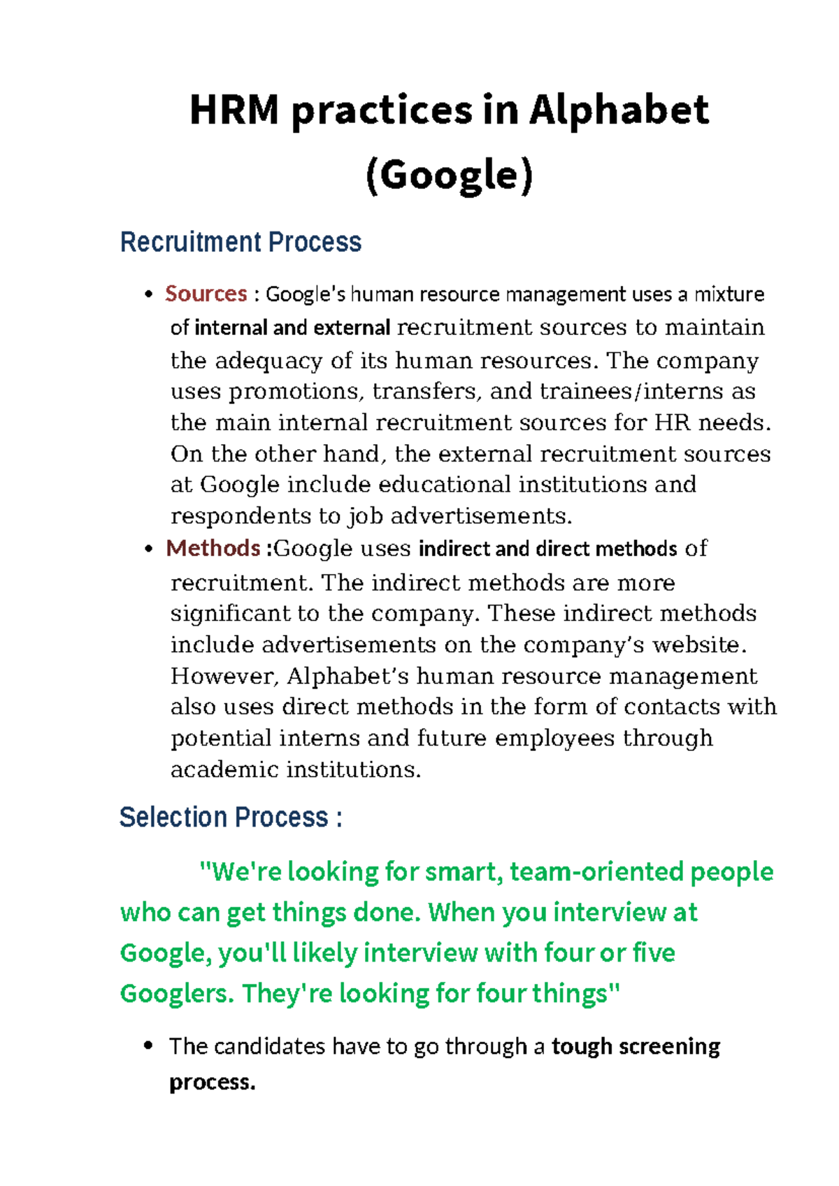 Hrm-1 - Summary MBA Finance - HRM practices in Alphabet (Google ...