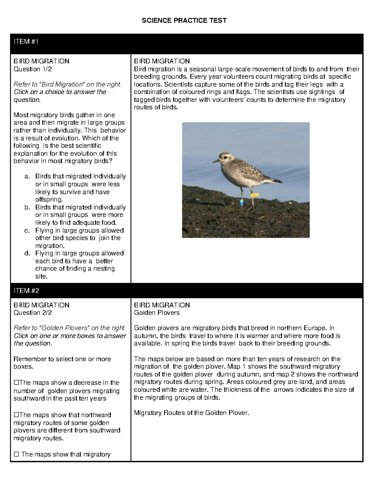 PISA2025-Pretest Posttest-Qs- Science - SCIENCE PRACTICE TEST ITEM BIRD ...