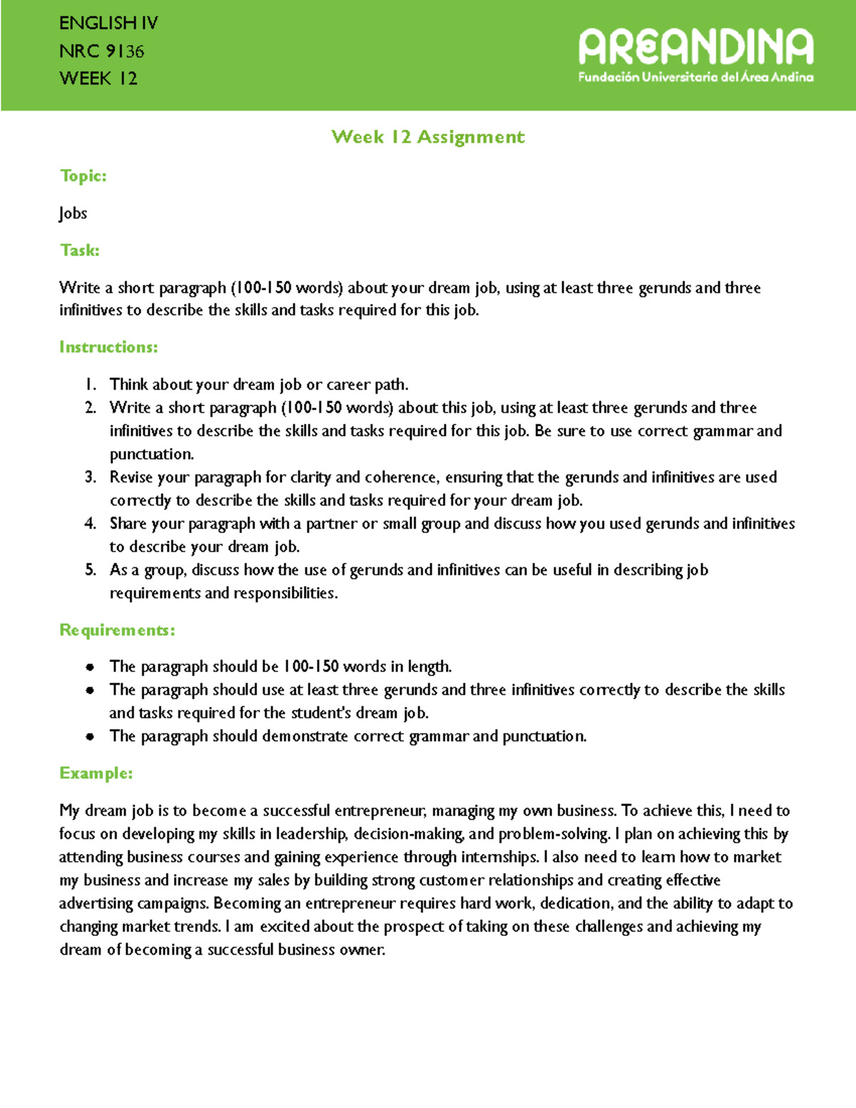 Week 12 - Week 12 Assignment ENGLISH IV NRC 9136 WEEK 12 Topic: Jobs Task: Write a short ...