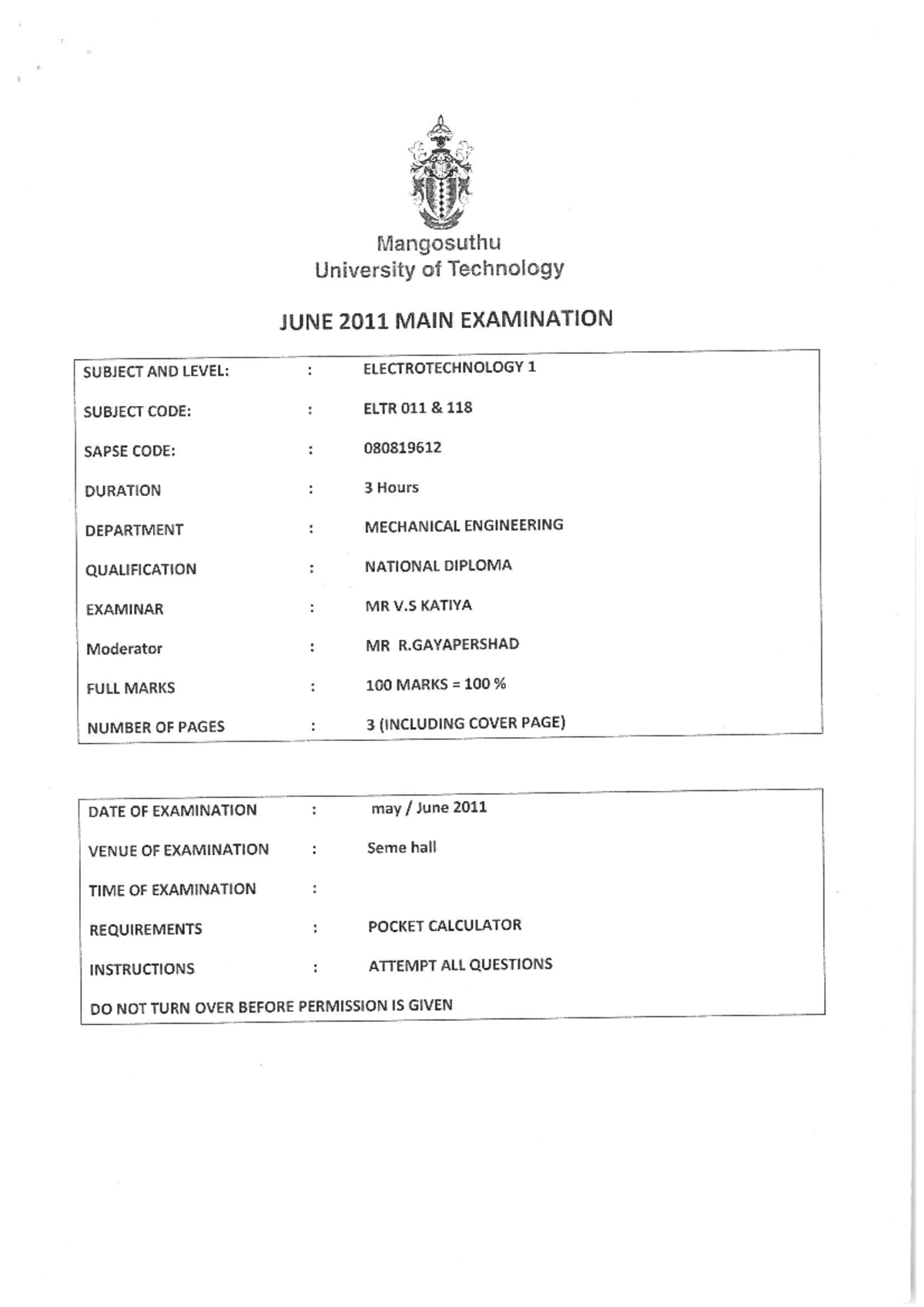 Electrotechnology I June Main Exam 2011 - ELEC101/ELTR011 - Studocu