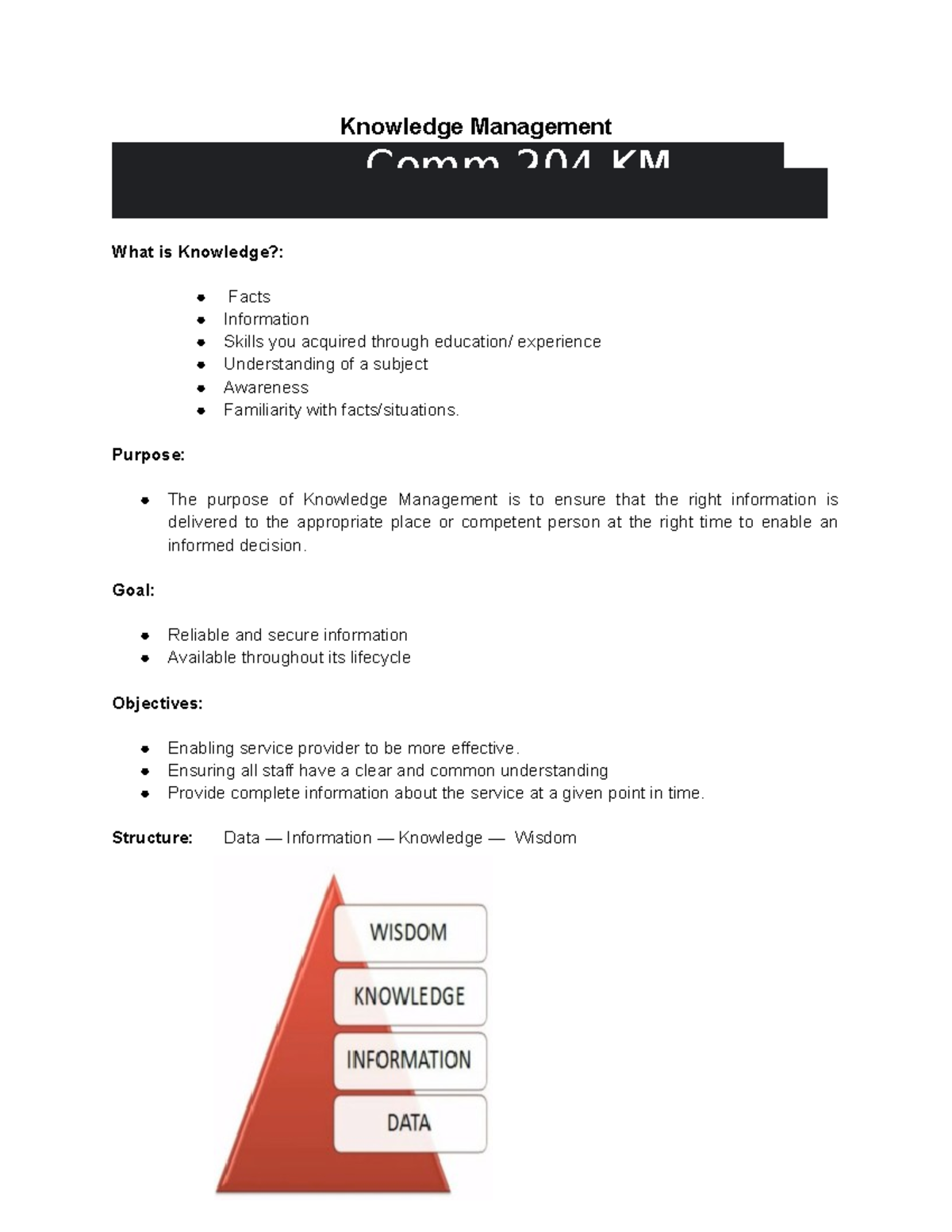 Knowledege Management - Knowledge Management Comm 204 KM What is Knowledge?: Facts Information ...