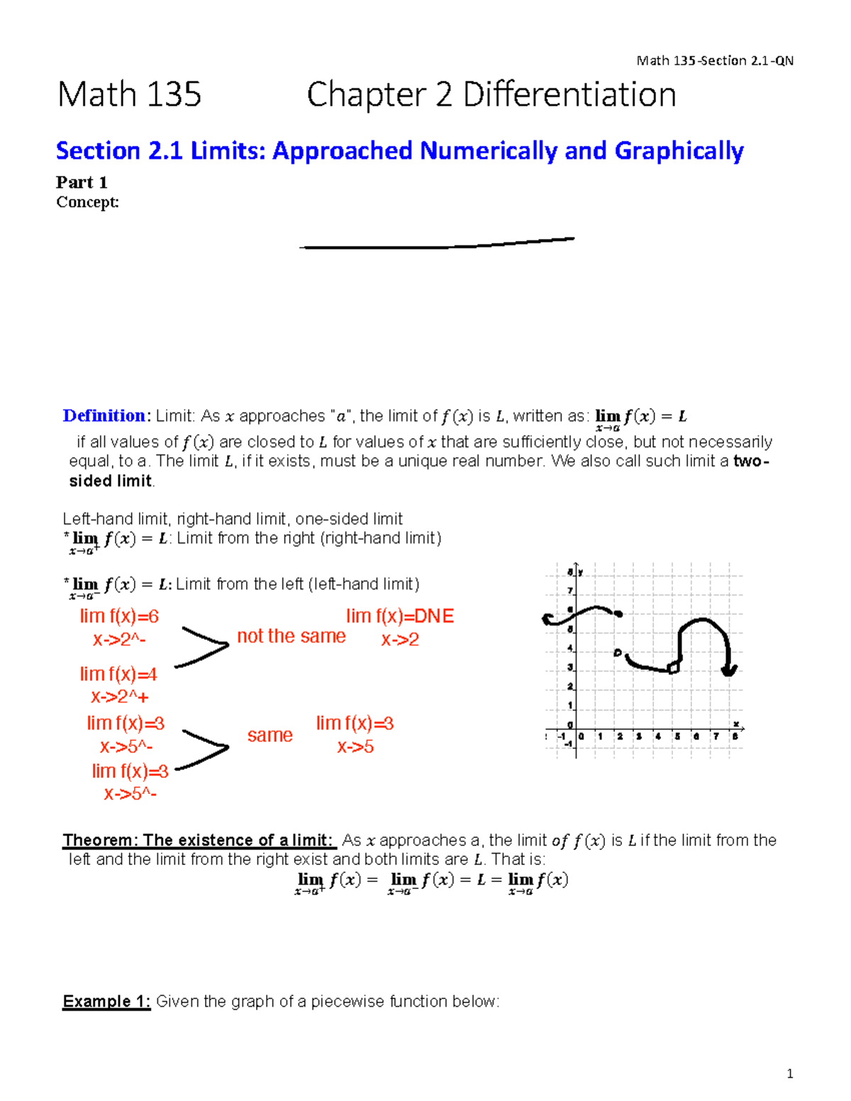 Math 135 Section 2.1 Limit - Math 135 Chapter 2 Differentiation Section ...