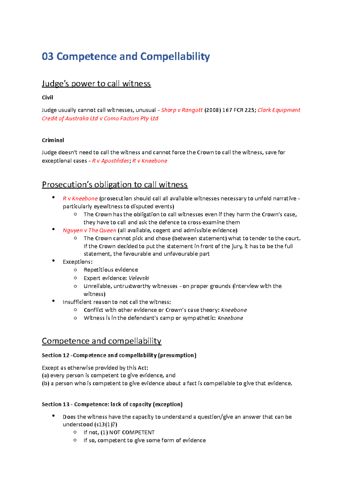 Evidence - Cheatsheet v5 - 03 Competence and Compellability Judge’s ...