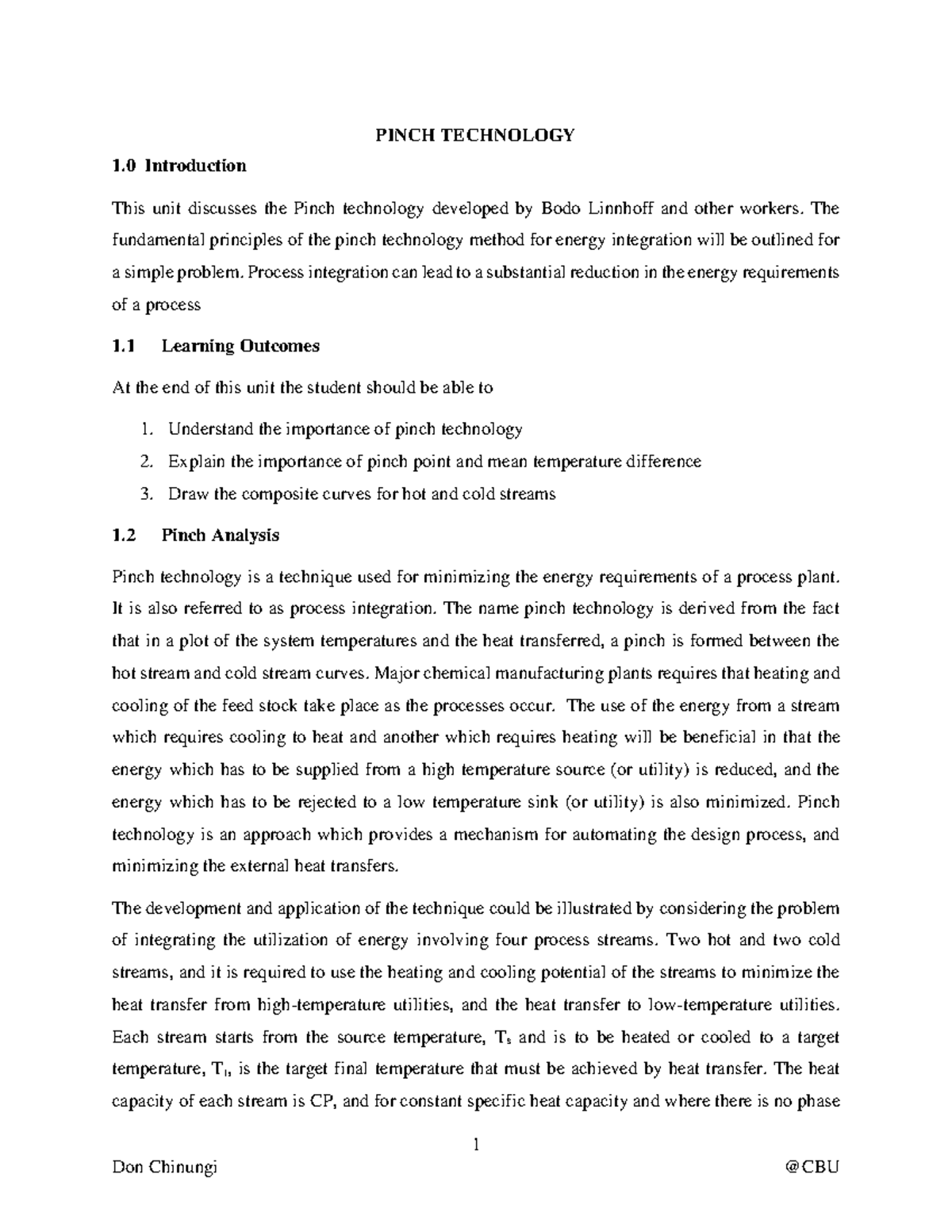 chemical engineering design Pinch Analysis - 1 PINCH TECHNOLOGY 1 ...