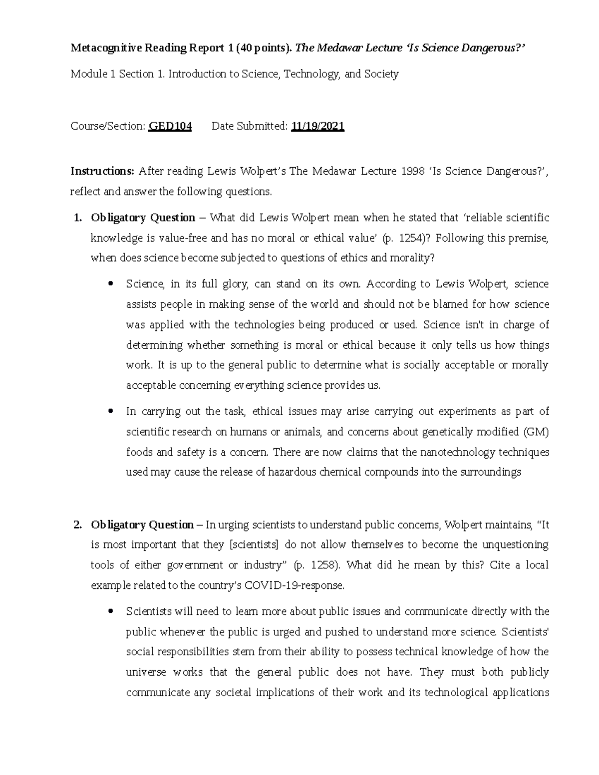 117771220 - Lecture notes 1 - Metacognitive Reading Report 1 (40 points ...