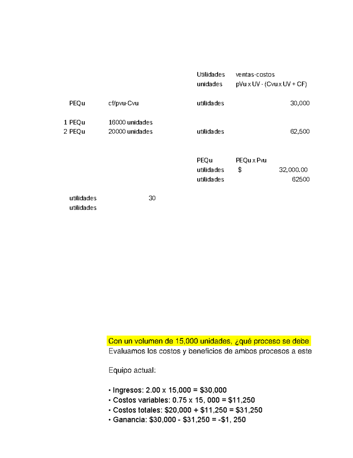 Punto de equilibrio - Utilidades ventas-costos unidades pVu x UV - (Cvu x UV + CF) PEQu cf/pvu ...