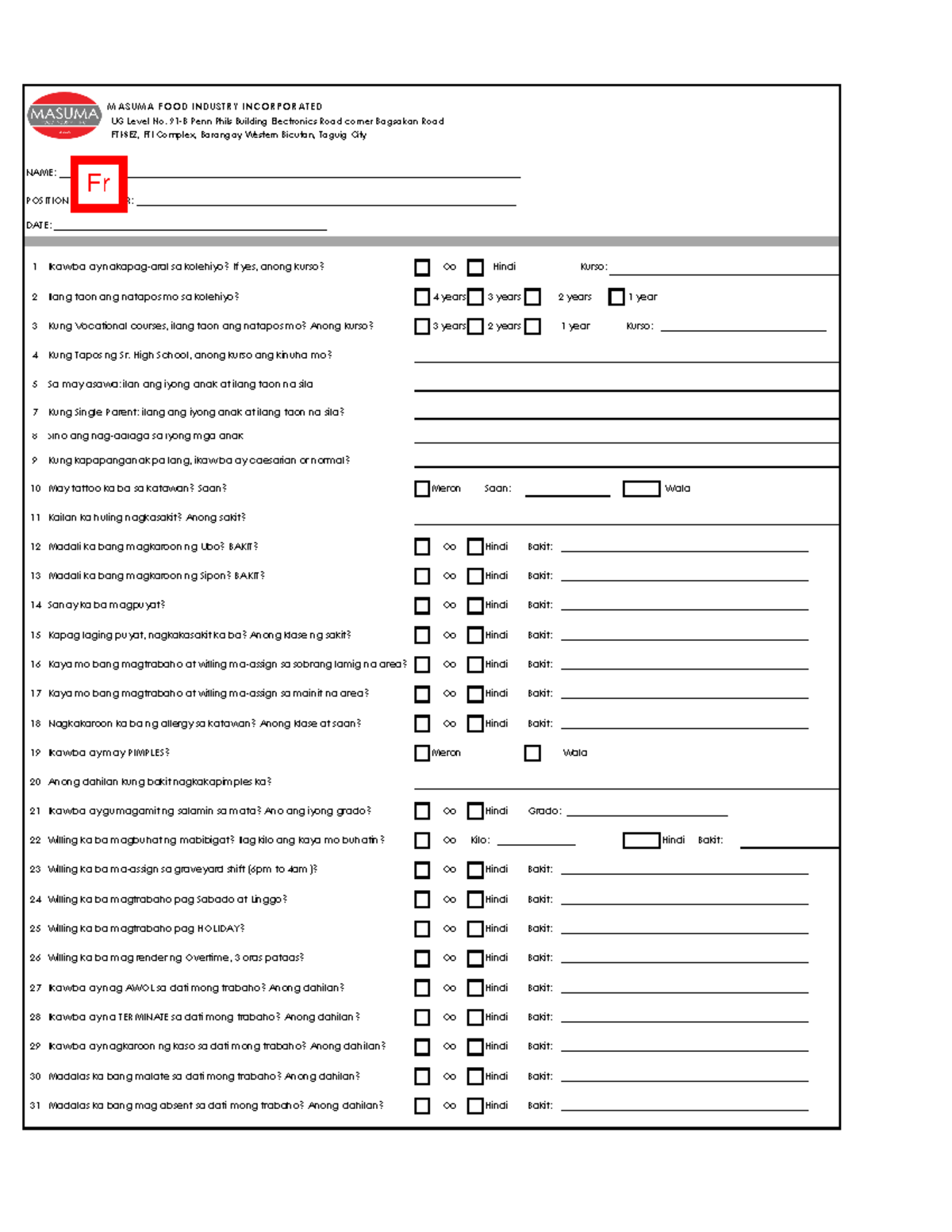 Production Questionnaire JR Bakeshop AND Kitchen Assistant 1 - MASUMA ...