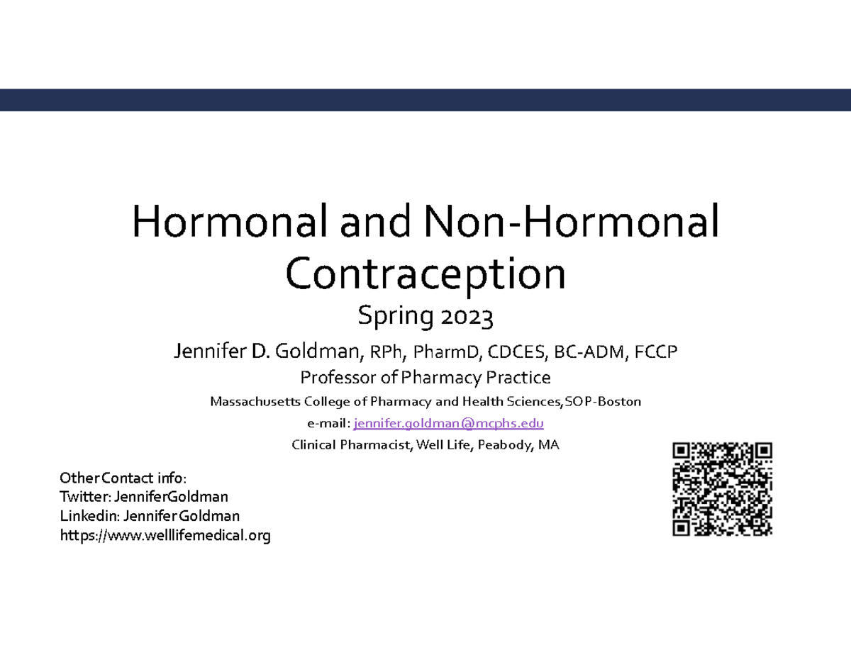 Contraceptions - Hormonal and Non-Hormonal Contraception Spring 2023 ...
