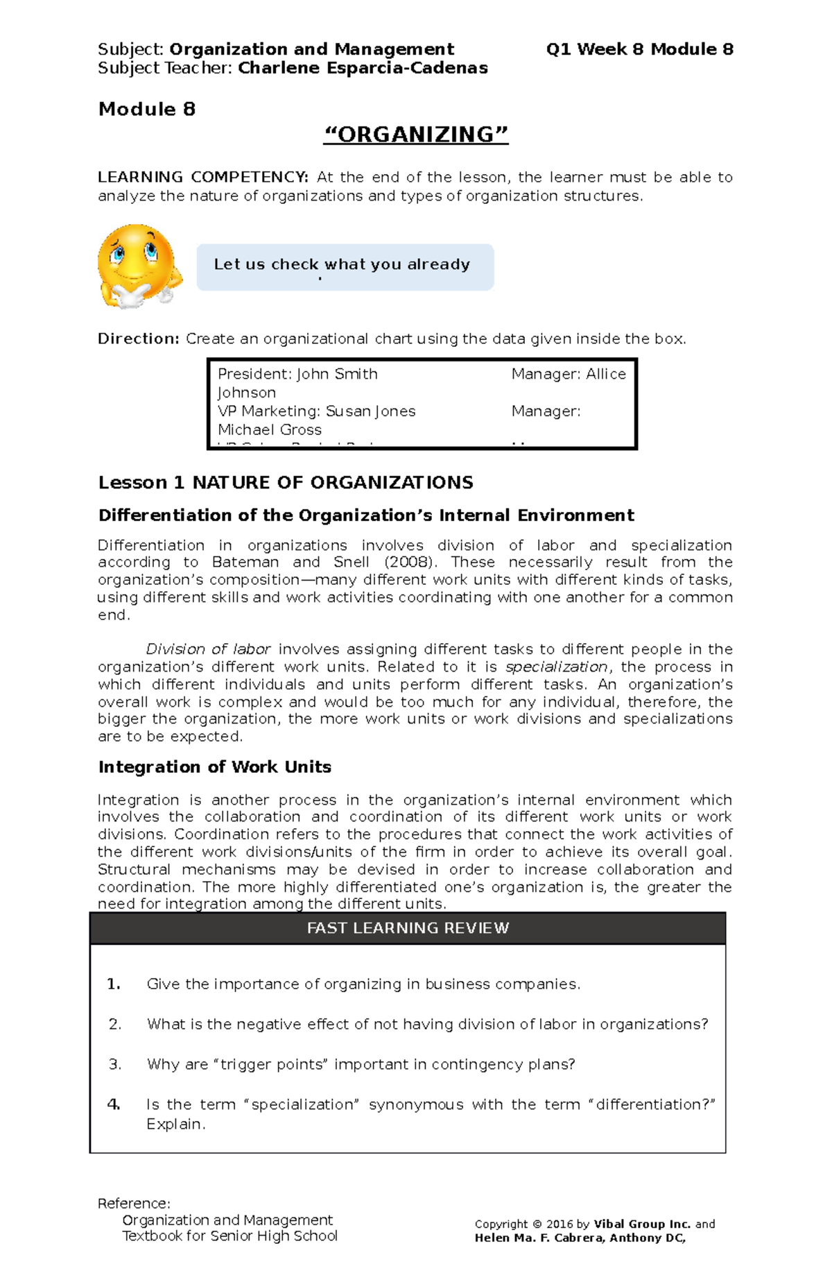 Q1 W8 Mod8 Nature Of Organization - Subject Teacher: Charlene Esparcia ...
