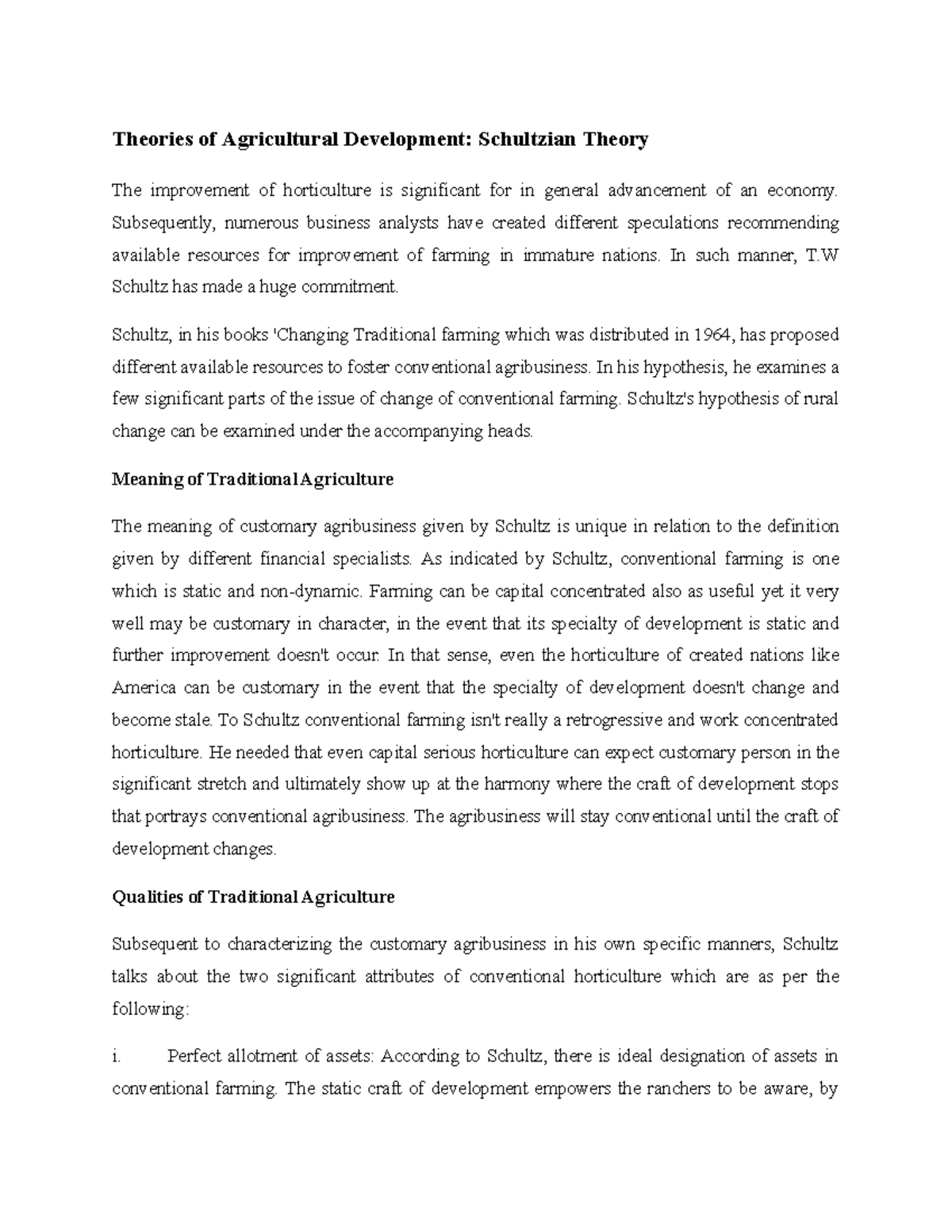 Theories of Agricultural Development Schultzian Theory - Subsequently ...