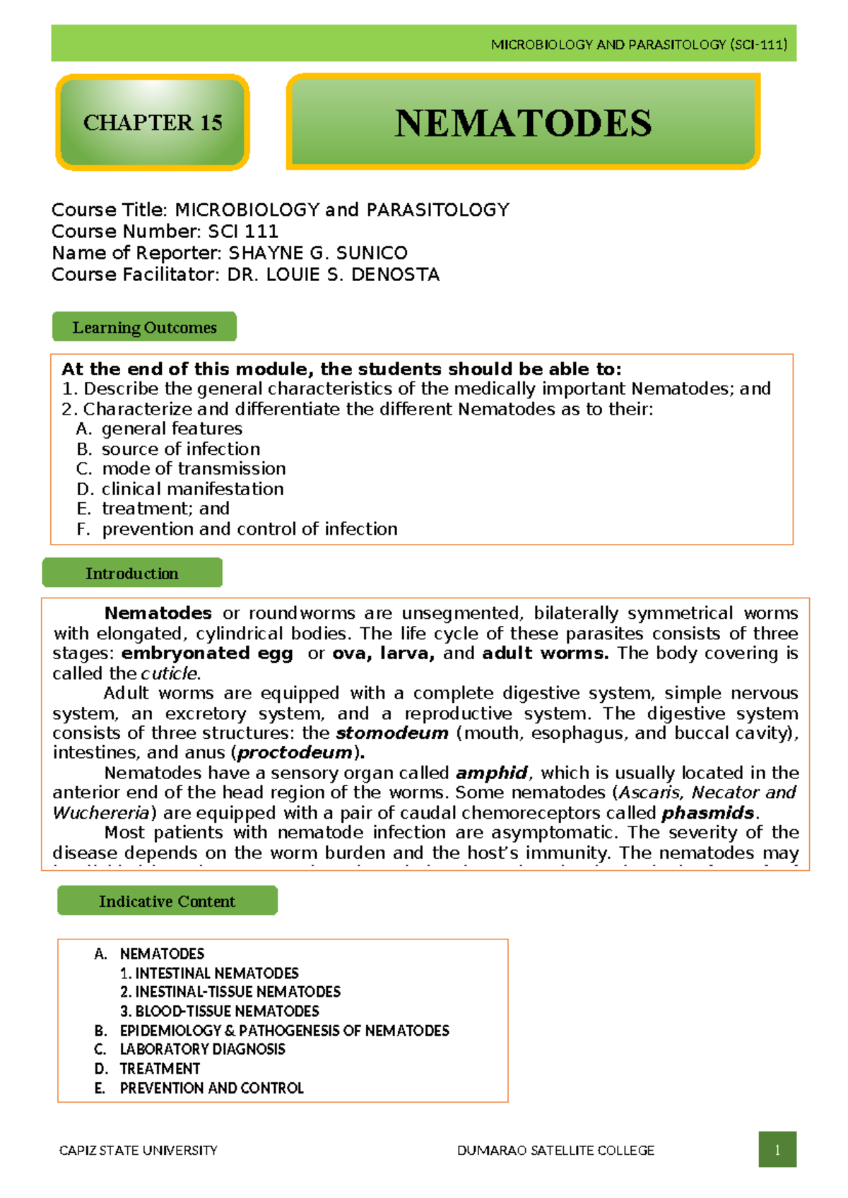 Nematodes-handouts - HANDOUTS - CHAPTER 15 NEMATODES Learning Outcomes ...