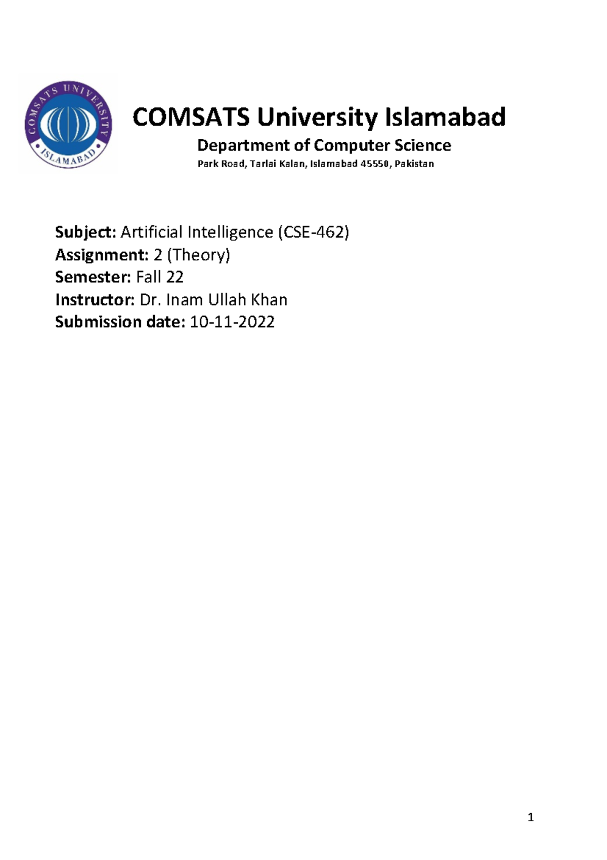 Assignment 2 - this is lecture notes - COMSATS University Islamabad ...