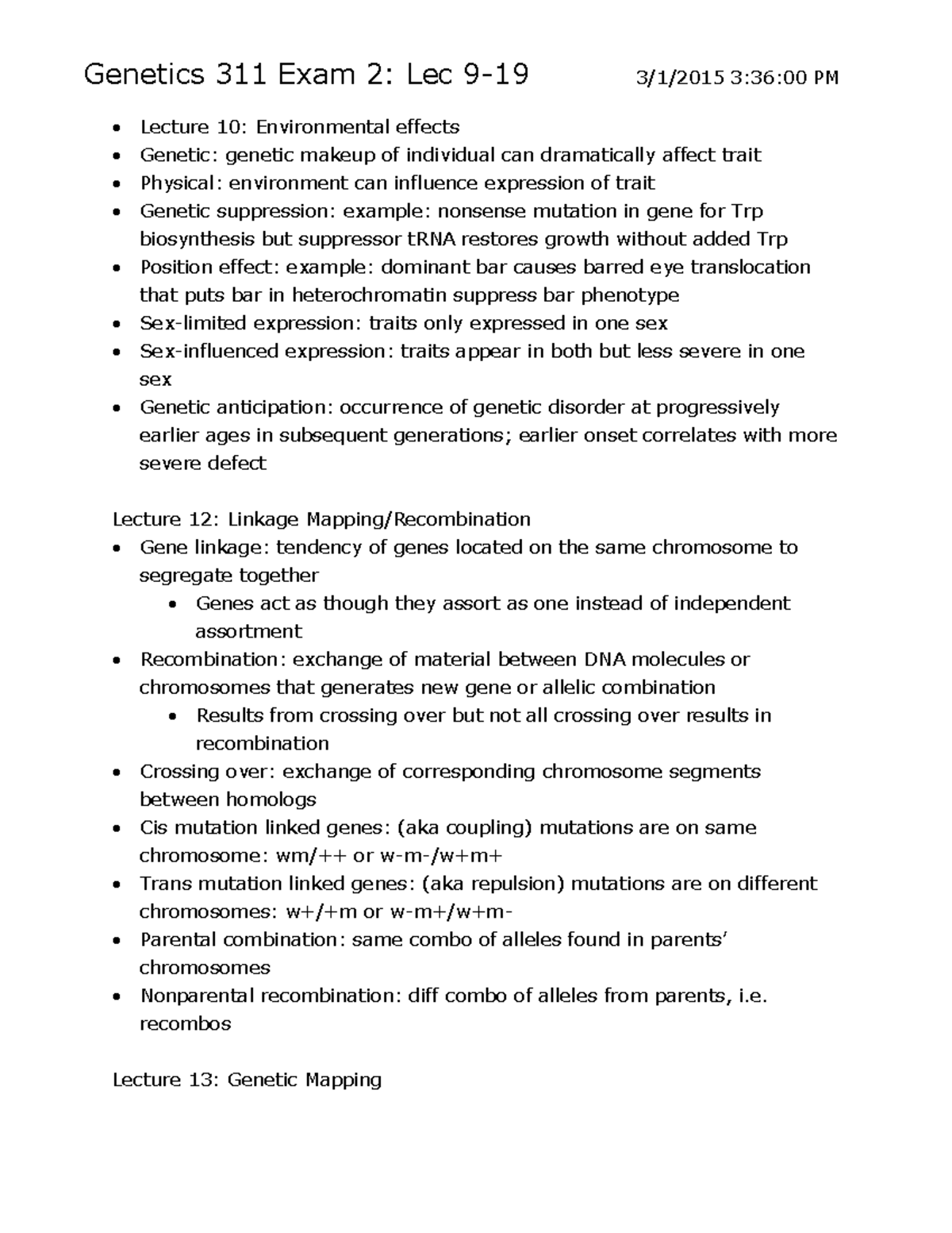 Exam 2 Vocab - Summary Genetics - Genetics 311 Exam 2: Lec 9- 19 3/1 ...