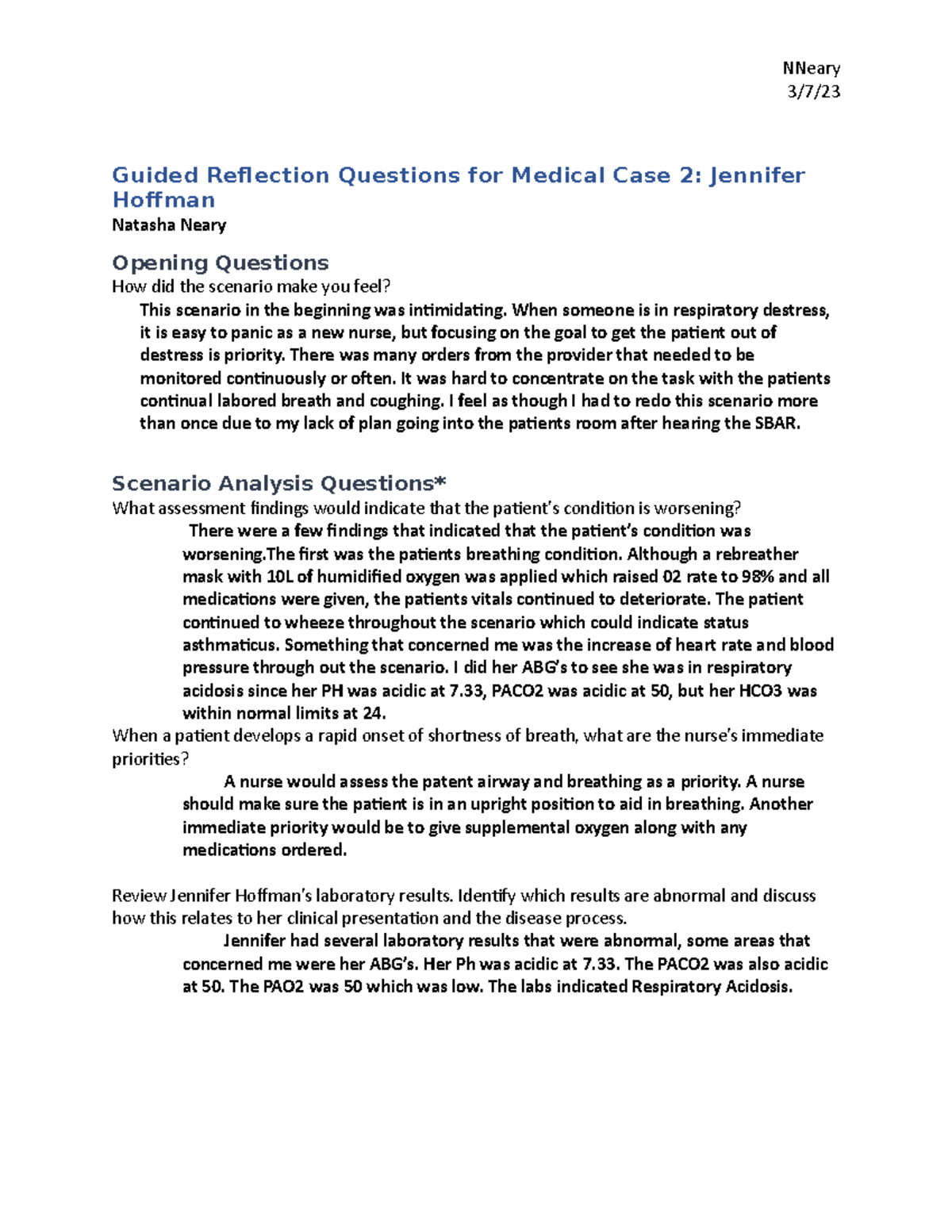 V Sim Clinical Replacement relection questions for Students - NNeary 3 ...