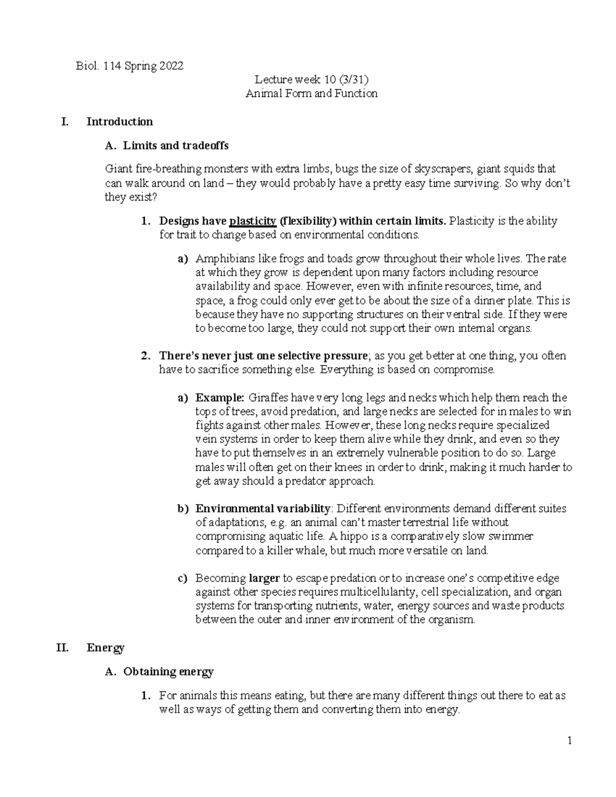 Lecture week 10 (3-31) - Notes Animal Form and Function - Biol. 114 ...