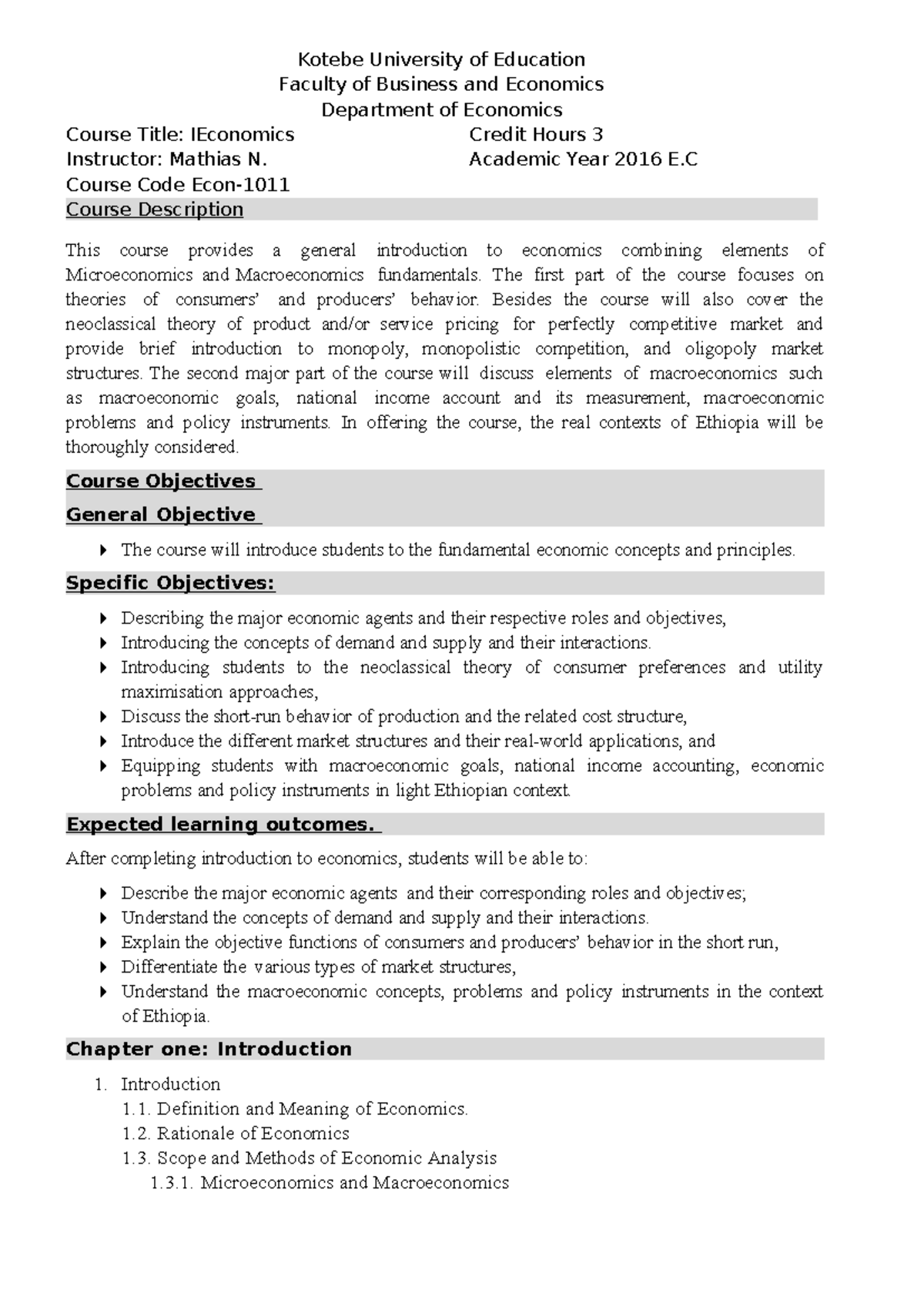 Introduction to Economics Course Outline 1 - Kotebe University of ...